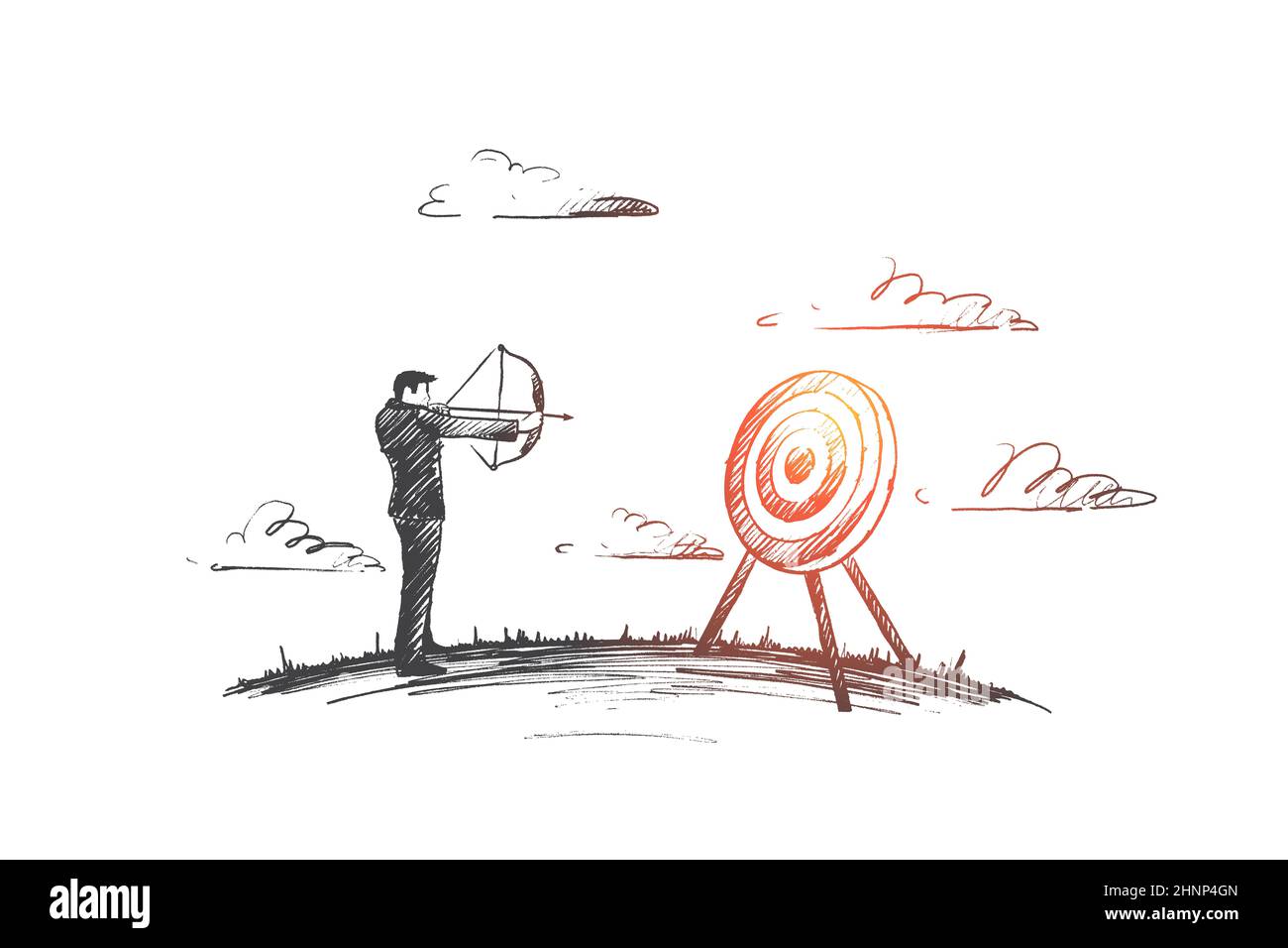 Target concept. Hand drawn man holding target with a dart in the center ...