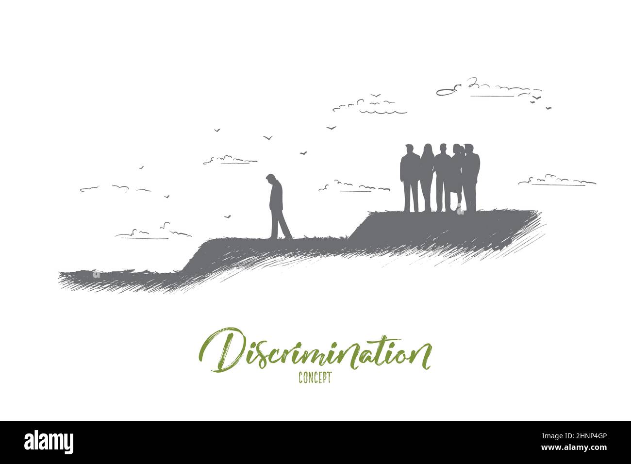 Discrimination concept. Hand drawn crowd of people expels one man from ...
