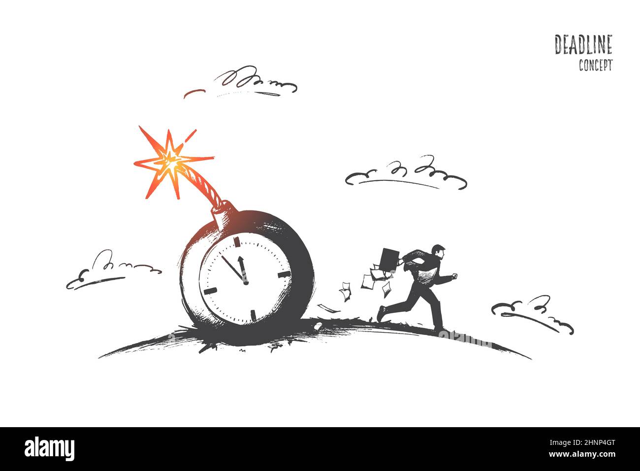 Deadline concept. Hand drawn businessman do urgent job in stress ...