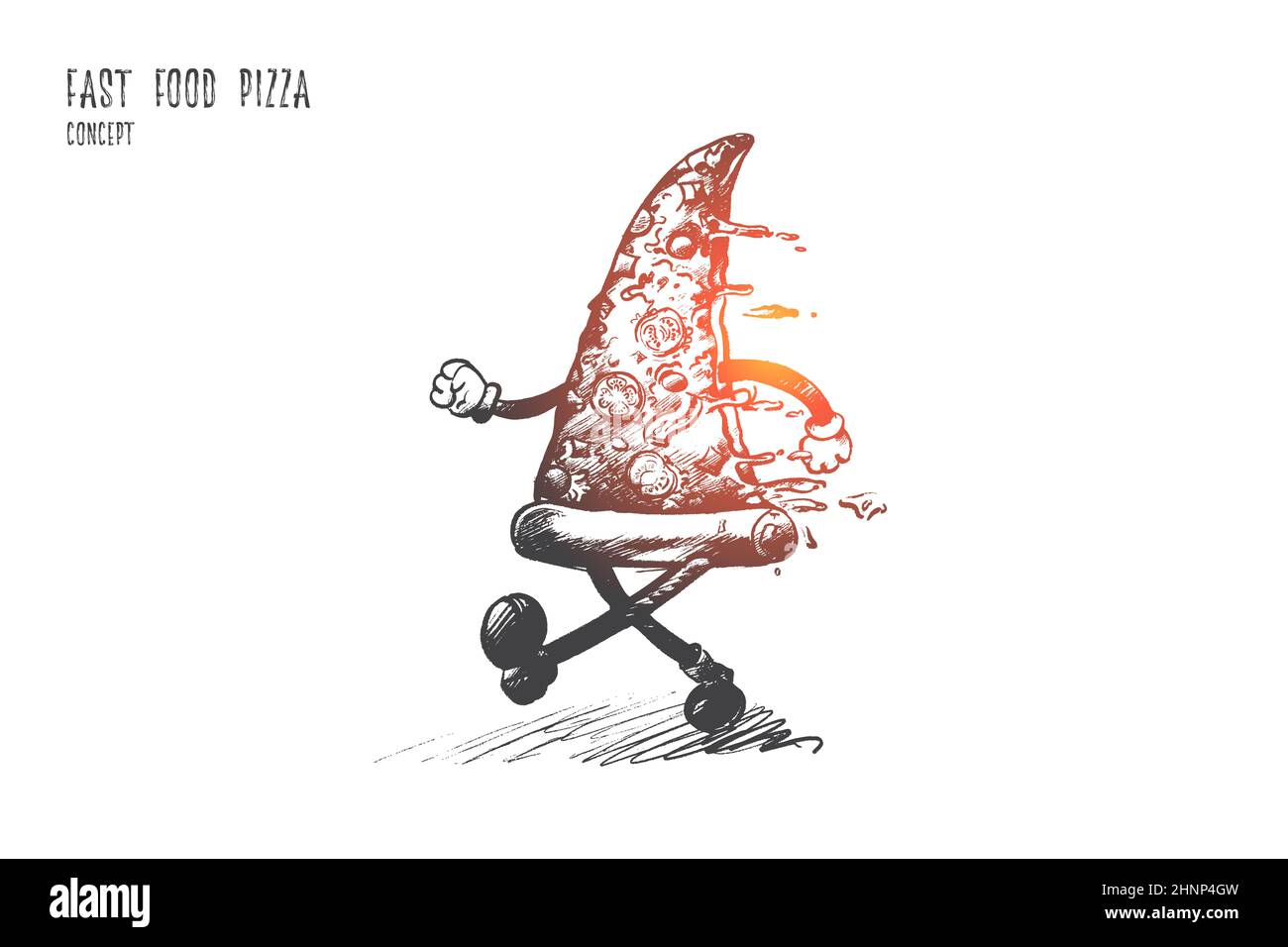 Fast food pizza concept. Hand drawn piece of delicious pizza with ham ...