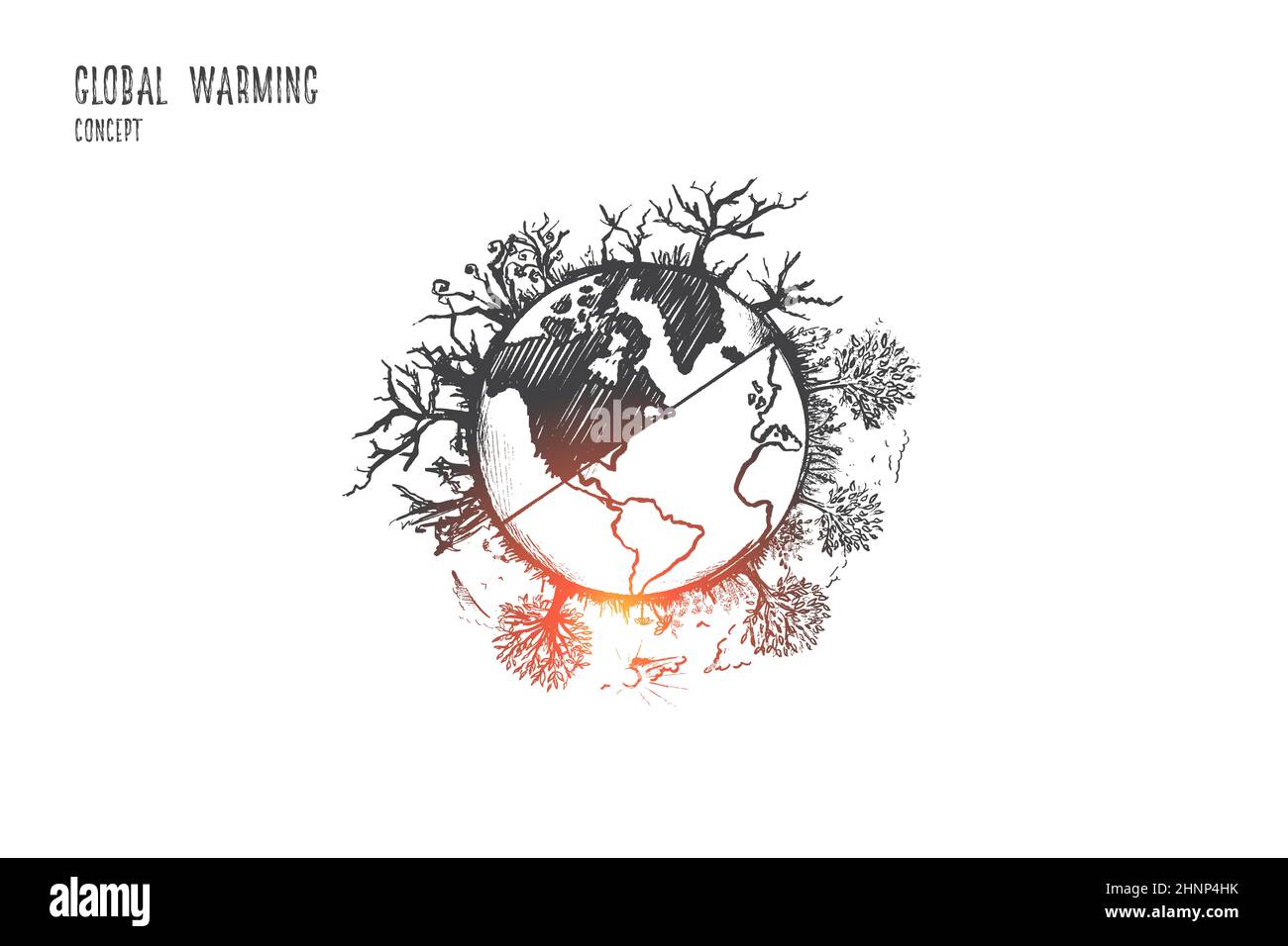 Global warming concept. Hand drawn effect of arid land with tree ...