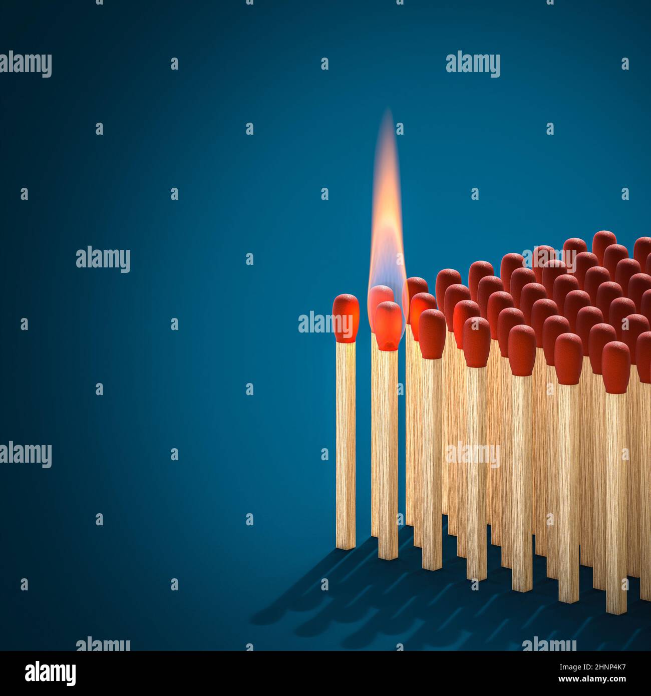 lit match ready to ignite fire on other matches. 3d render Stock Photo ...