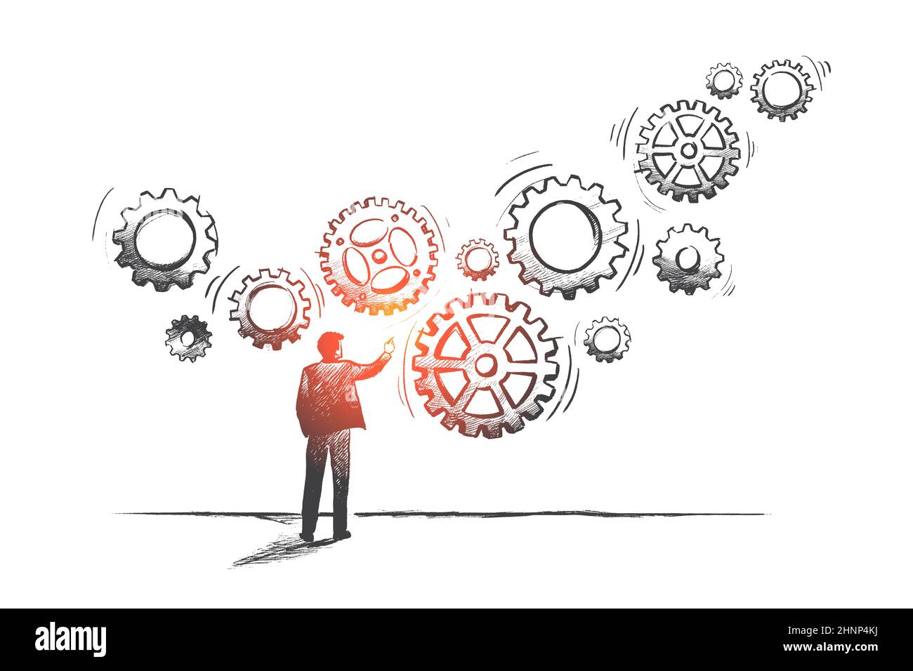 Business system concept. Hand drawn manager builds a business system ...