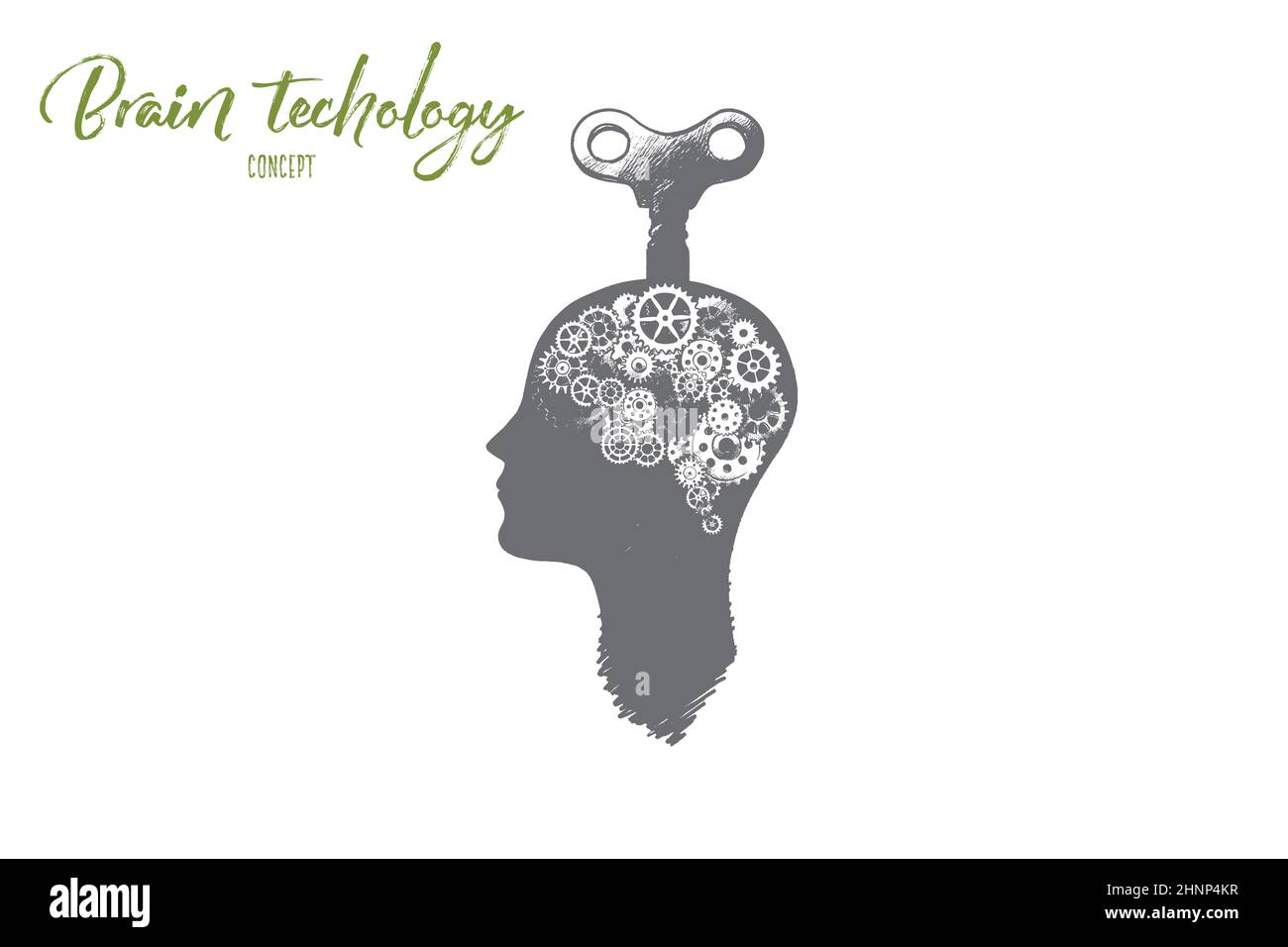 Brain technology concept. Hand drawn gears as symbol of brain with key ...