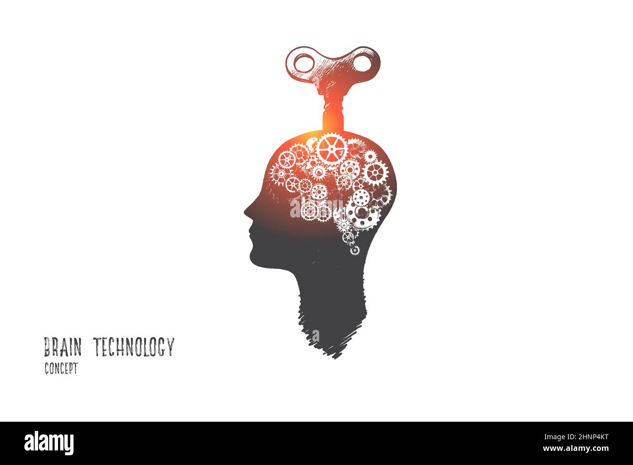 Brain technology concept. Hand drawn gears as symbol of brain with key ...
