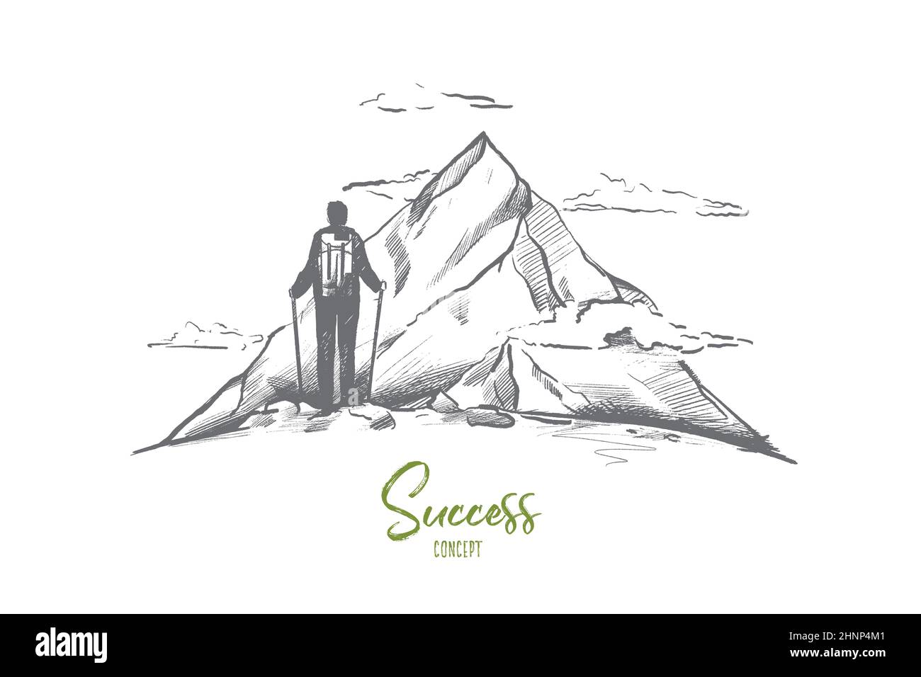 Success concept. Hand drawn person on top of mountain as symbol of ...