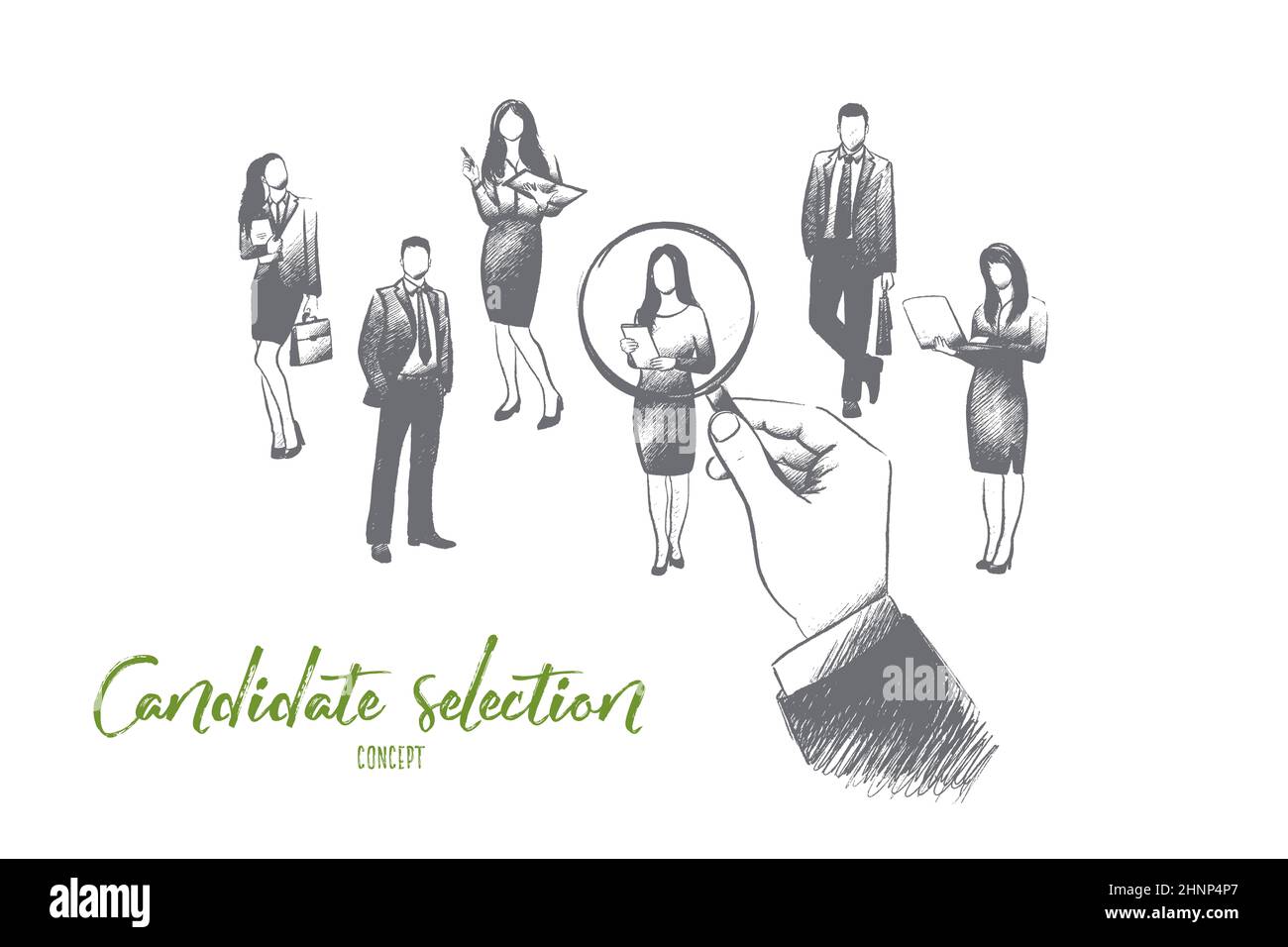 Candidate selection concept. Hand drawn huge hand pointing at one of ...
