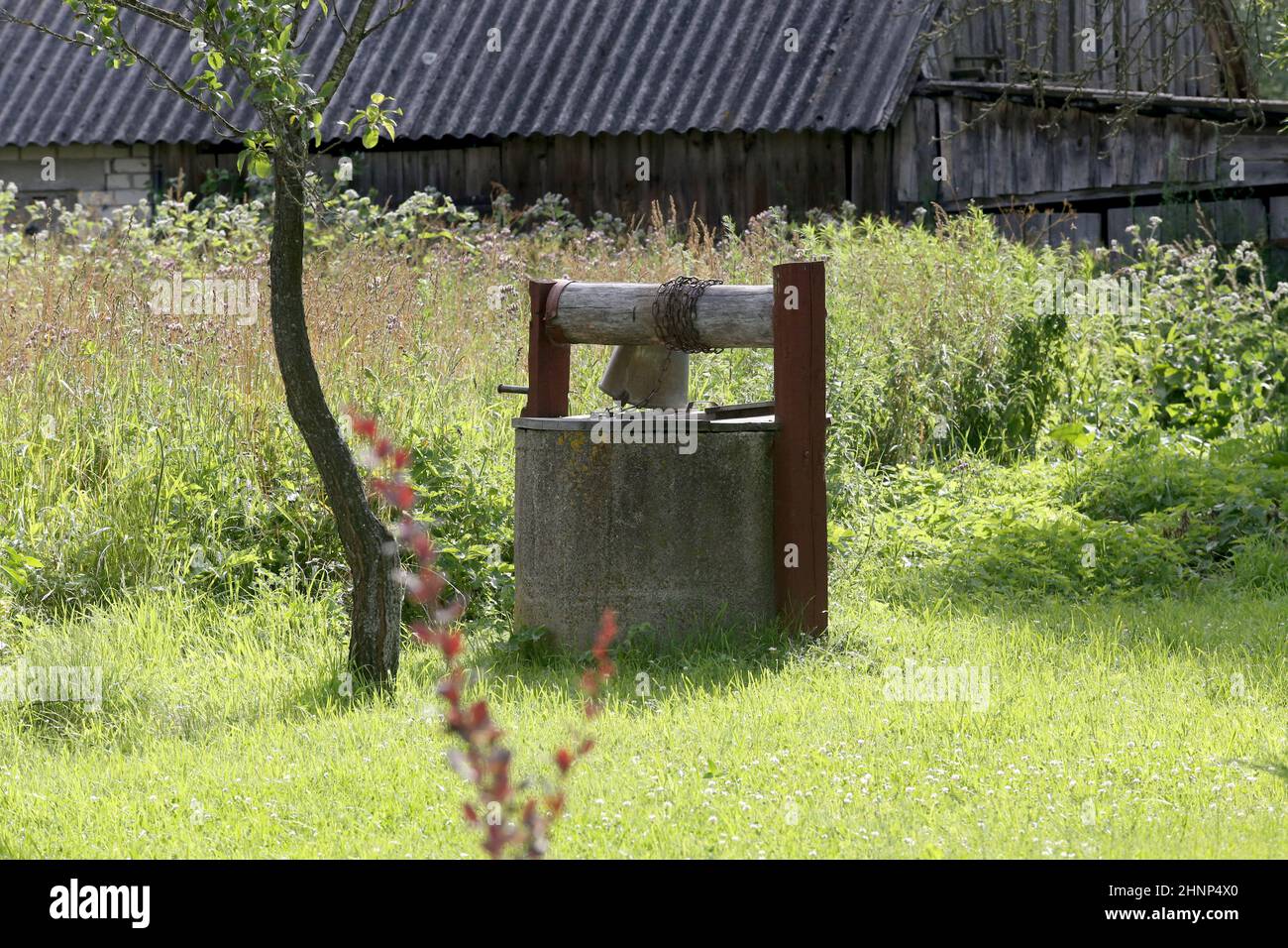 Rustic wooden water well with woodpile of firewood Stock Photo - Alamy