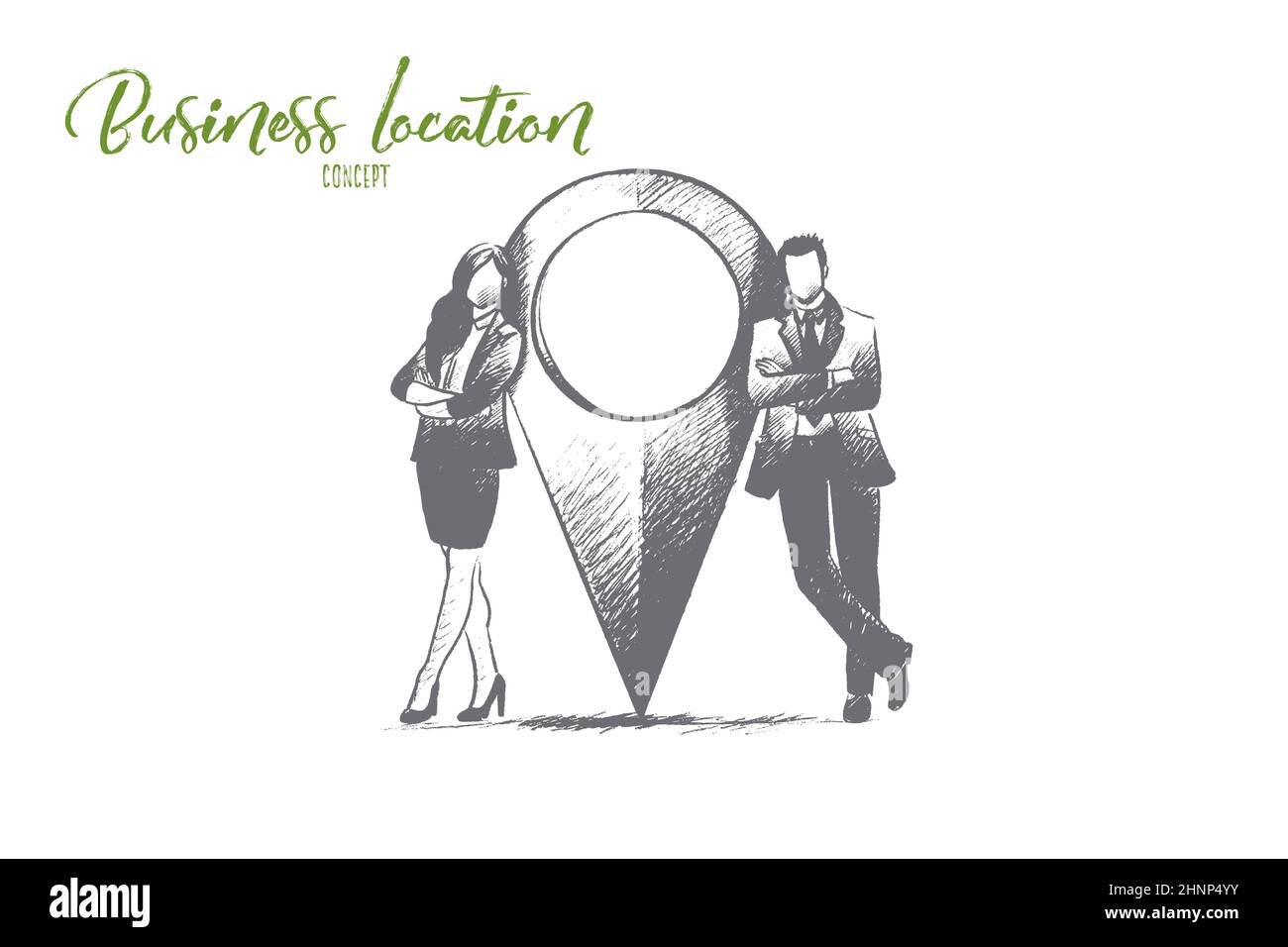 Business location concept. Hand drawn man and woman near location point ...