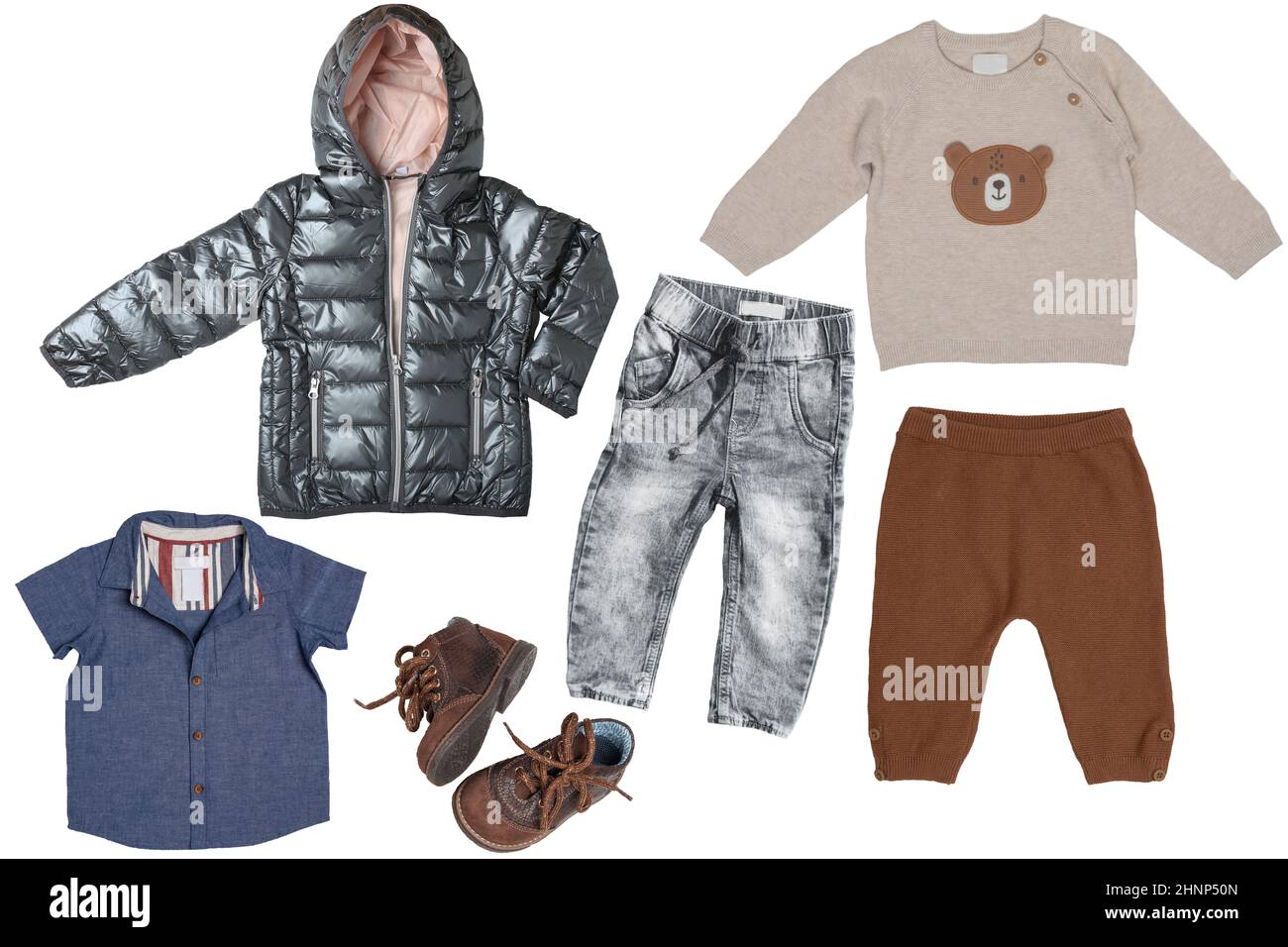 Collage set of little boy autumn clothing isolated on a white ...