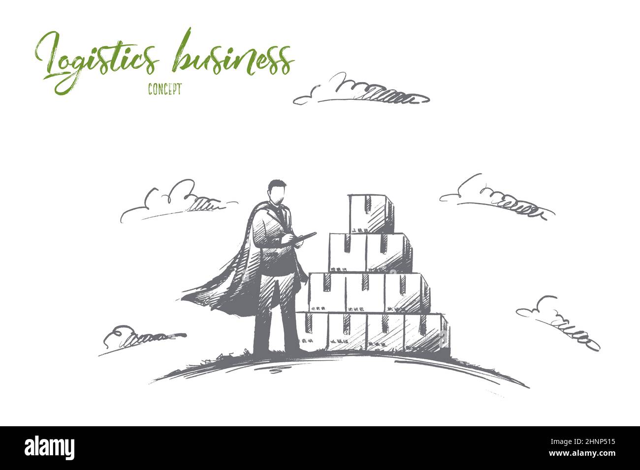 Logistics business concept. Hand drawn worker in warehouse checking ...