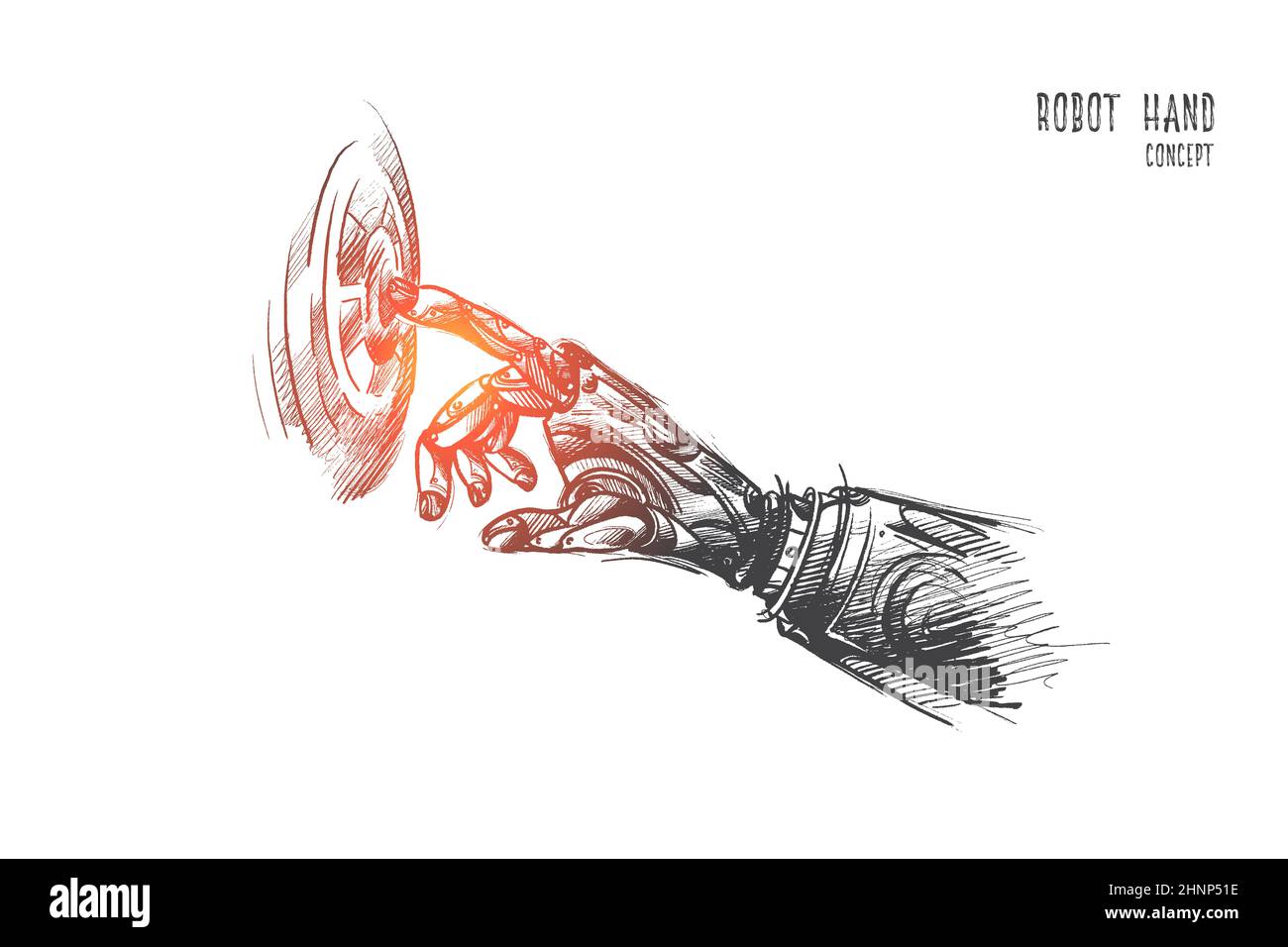 Robot hand concept. Hand drawn robot's hand is pushing the button ...