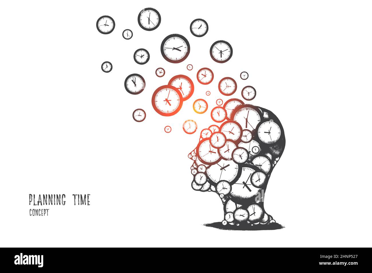 Planning time concept. Hand drawn human head with a lot of clocks. Time ...