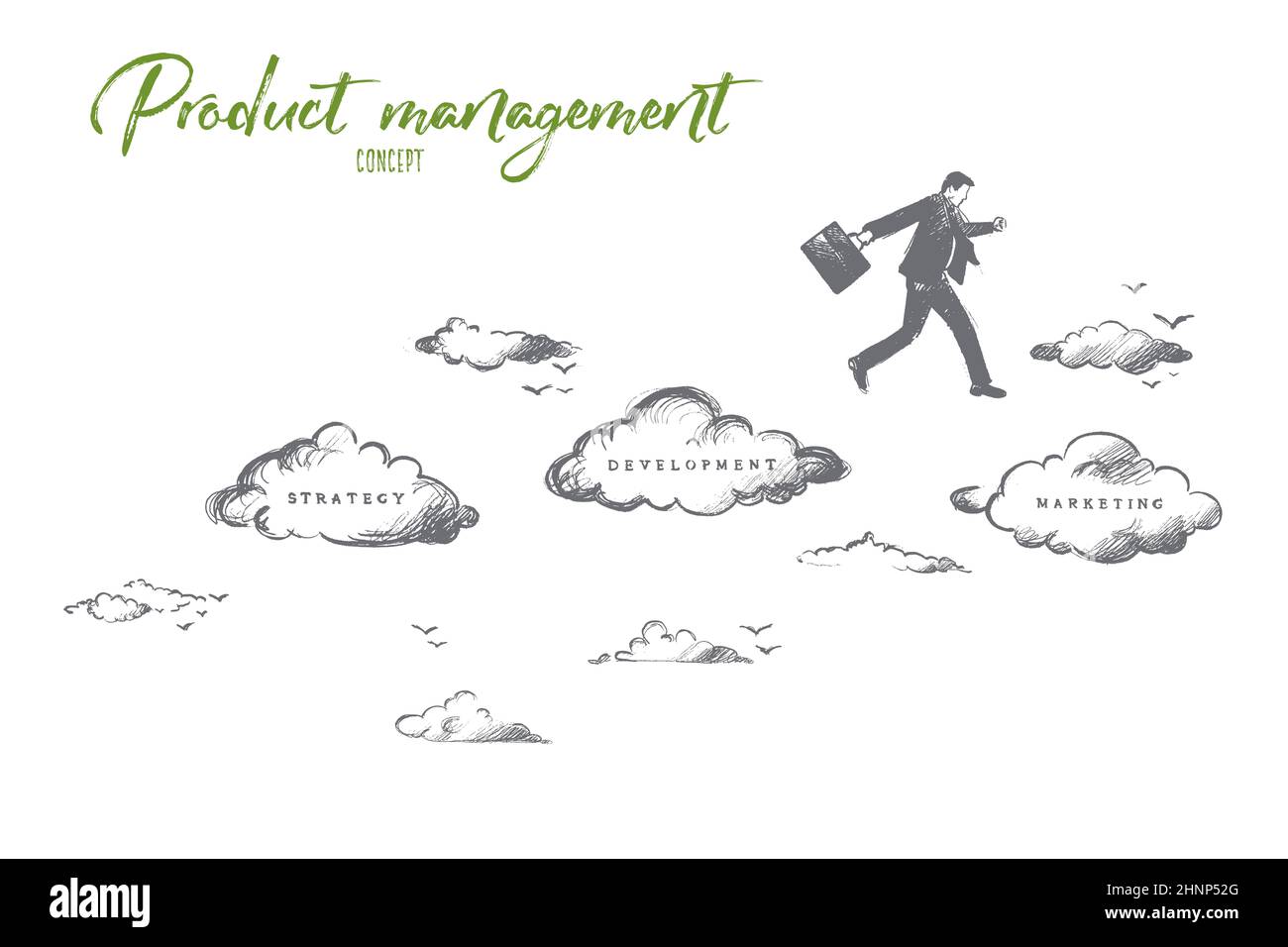 Product management concept. Hand drawn movement from strategy to ...