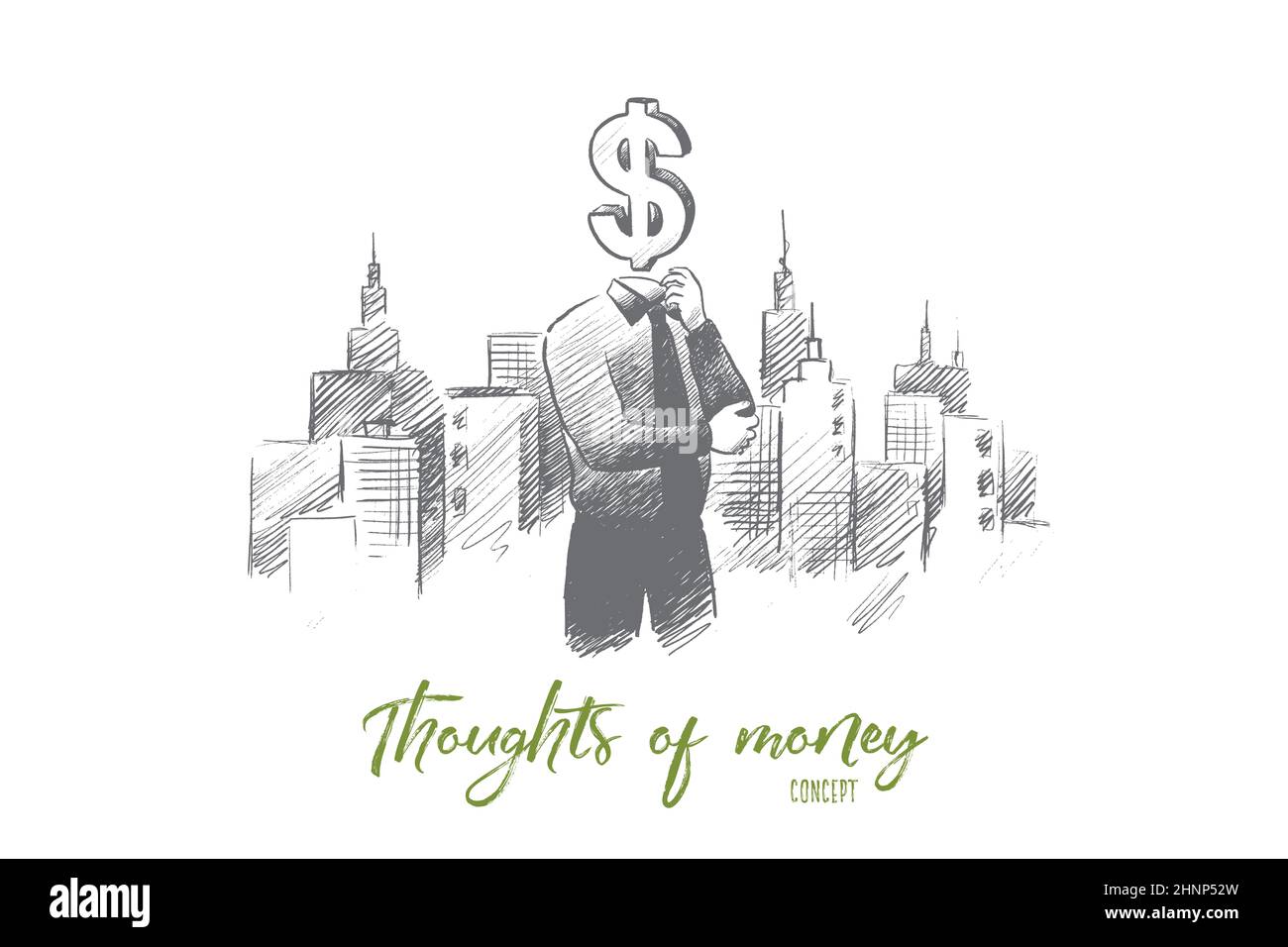 Thoughts of money concept. Hand drawn person with symbol of dollar ...