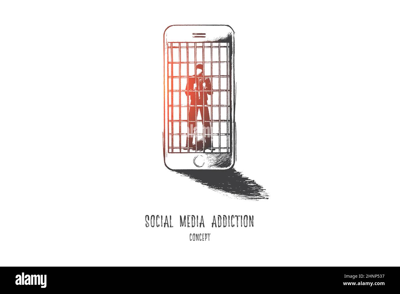 Social media addiction concept. Hand drawn person in jail of internet ...