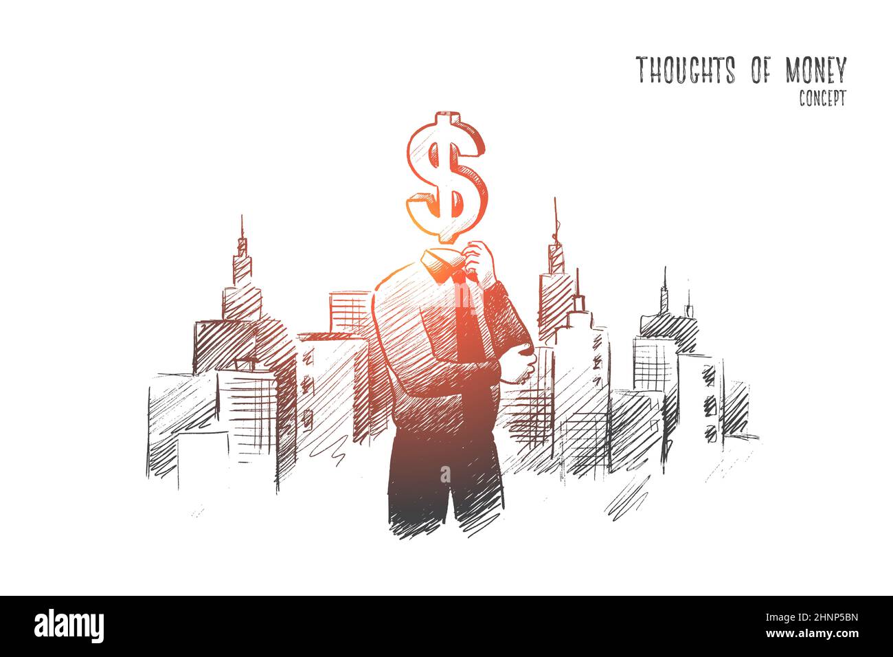 Thoughts of money concept. Hand drawn person with symbol of dollar ...