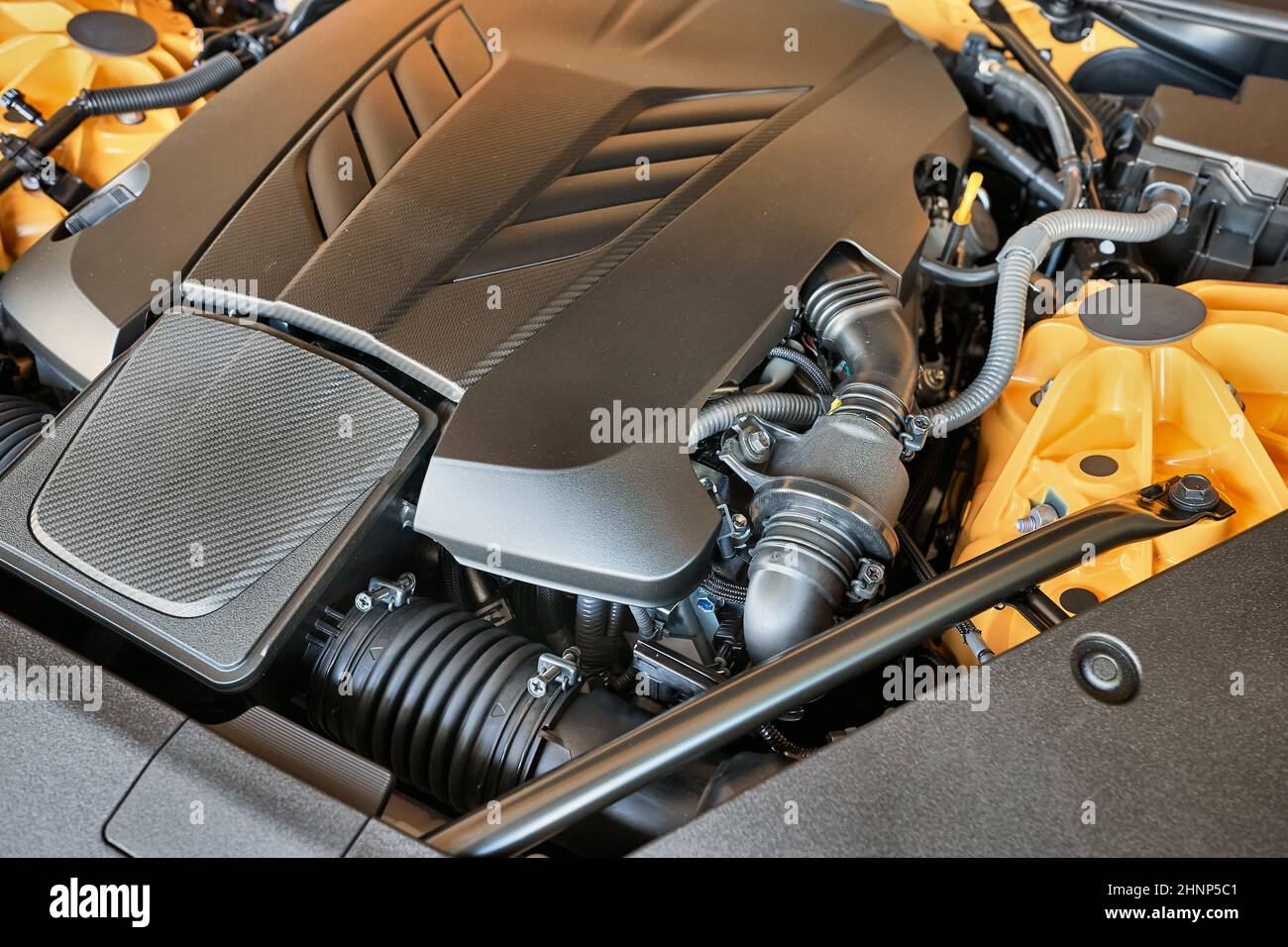 Engine bay of a sports car with powerful V8 engine Stock Photo - Alamy