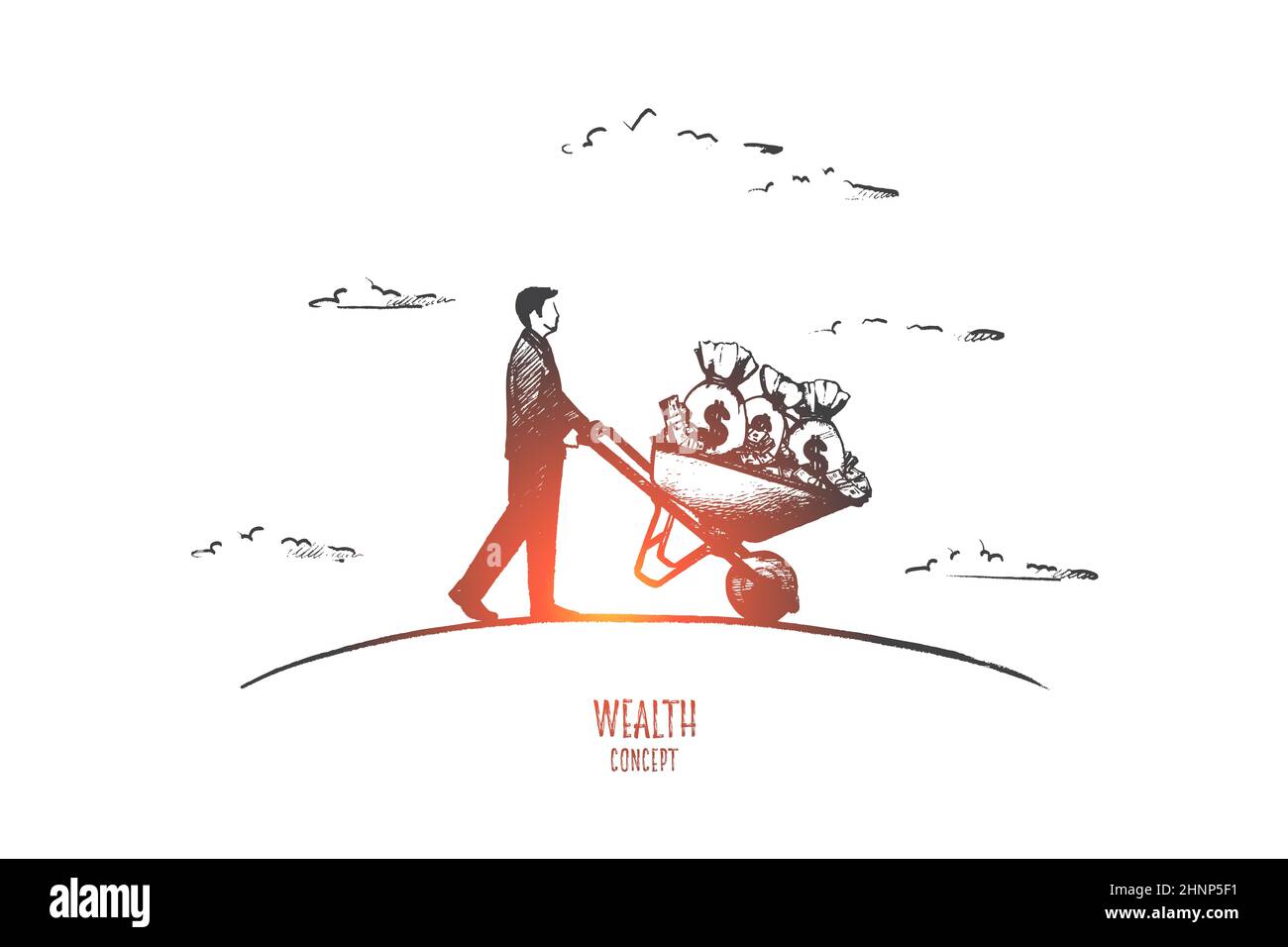 Wealth concept. Hand drawn person with a lot of money in wheelbarrow ...