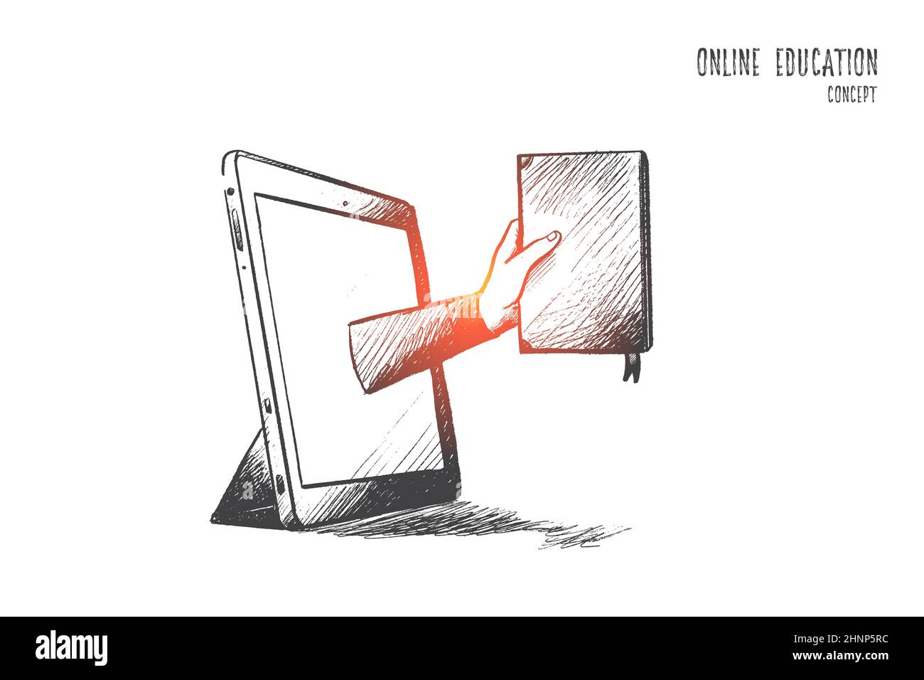 Online education concept. Hand drawn screen of tablet with book. Symbol ...