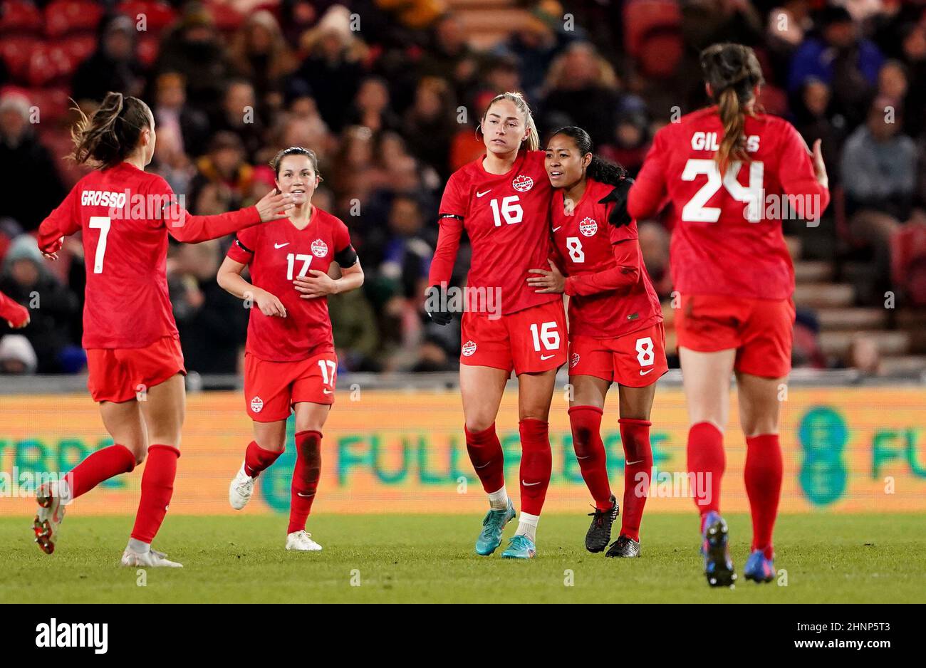 Canada's Janine Beckie (16) celebrates with team-mates after scoring ...