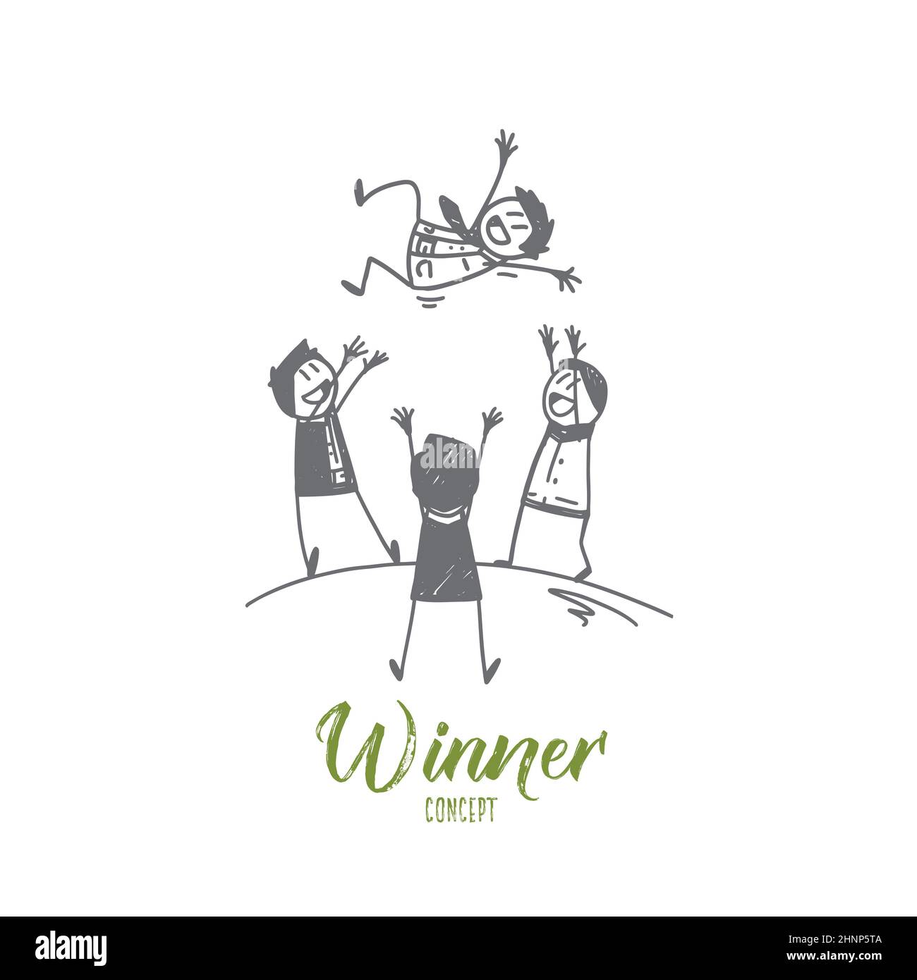 Vector hand drawn Winner concept sketch. Three people tossing winner on ...