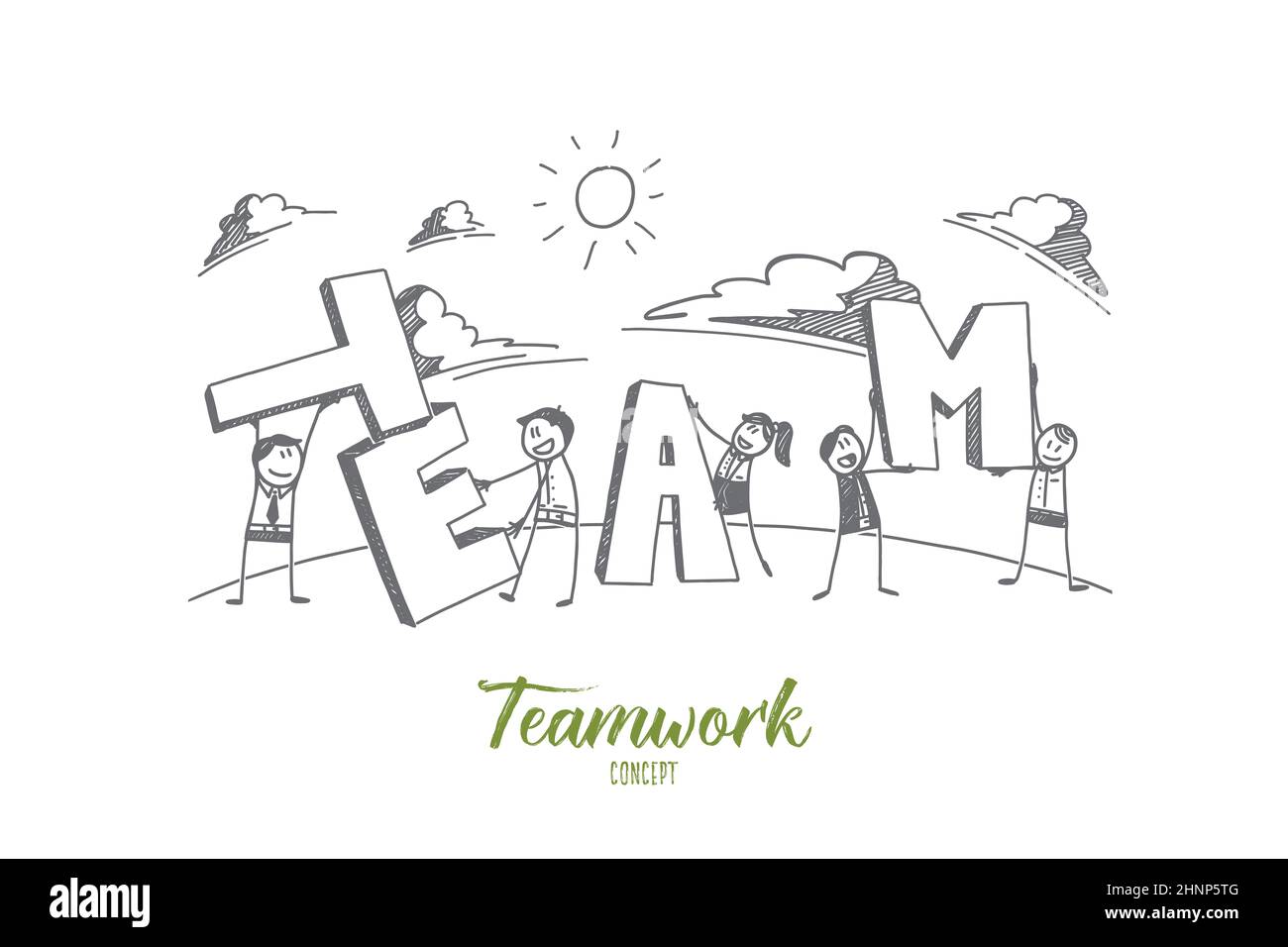 Vector hand drawn teamwork concept sketch with people holding together ...