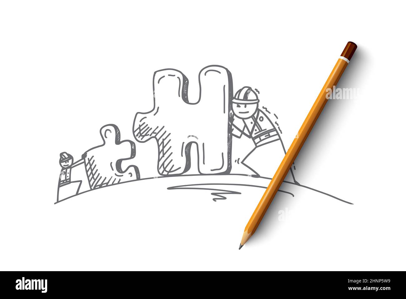 Vector hand drawn teamwork concept sketch with people moving pieces of ...