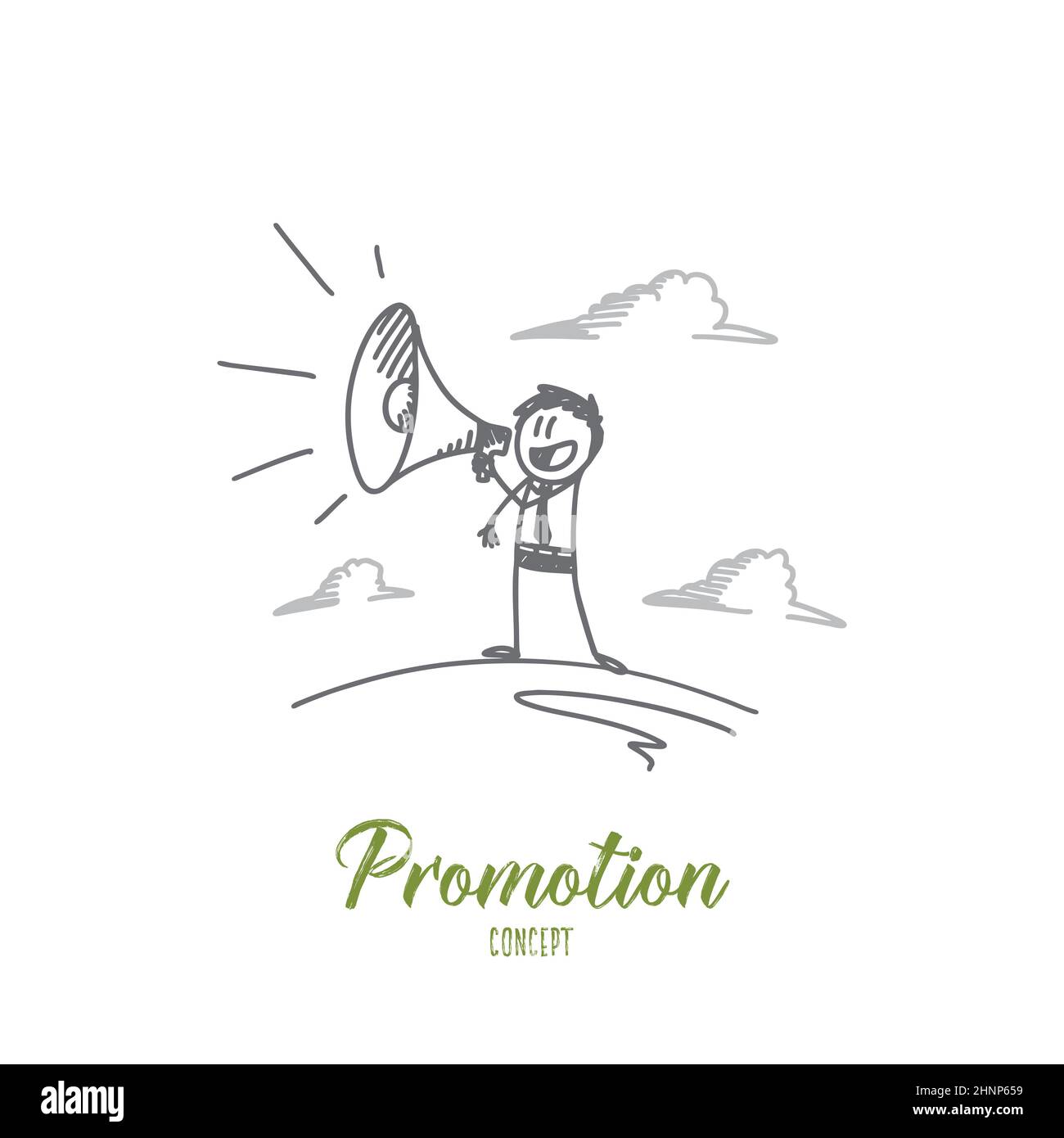Promotion concept. Hand drawn man using megaphone yelling. Person ...