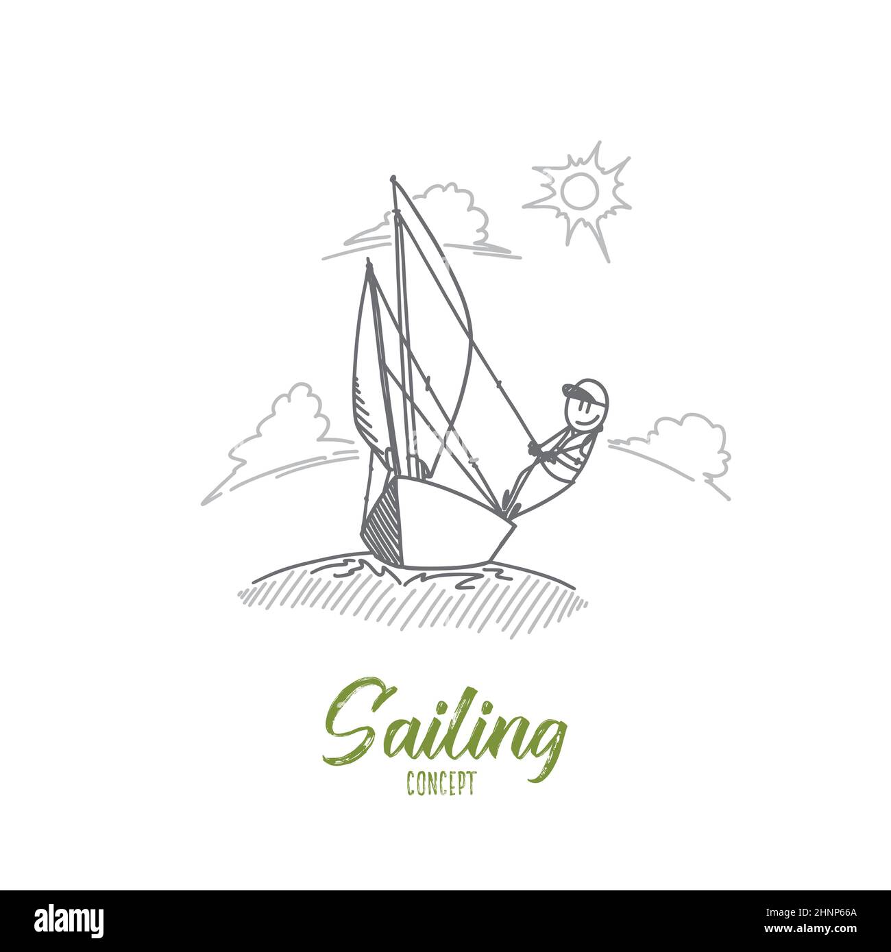 Sailing concept. Hand drawn man sailing with sails out on a sunny day ...