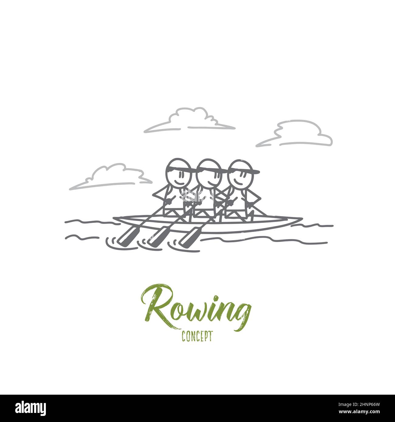 Rowing concept. Hand drawn rowers paddling in a lake. Sportsmen in boat ...