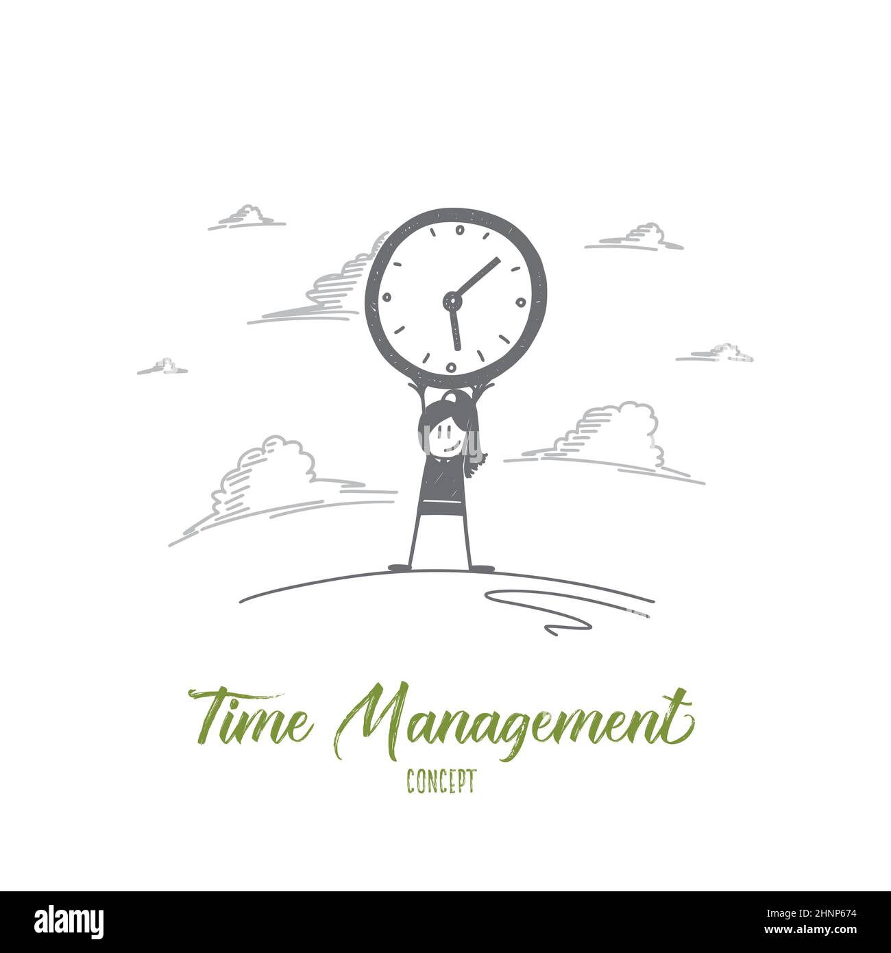 Time management concept. Hand drawn woman holding clock. Portrait of ...
