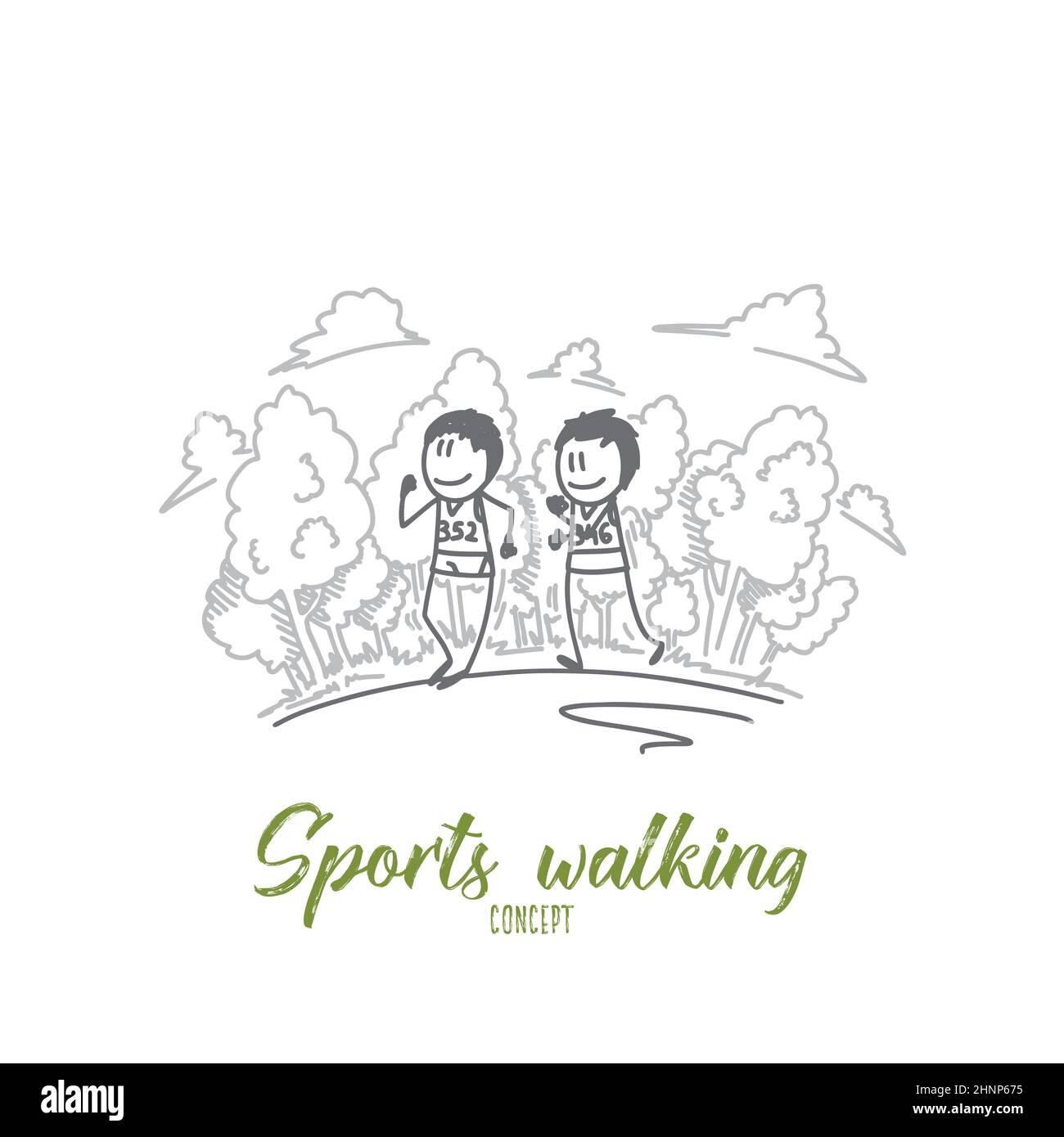 Sports walking concept. Hand drawn two sportsmen on marathon. Sports ...
