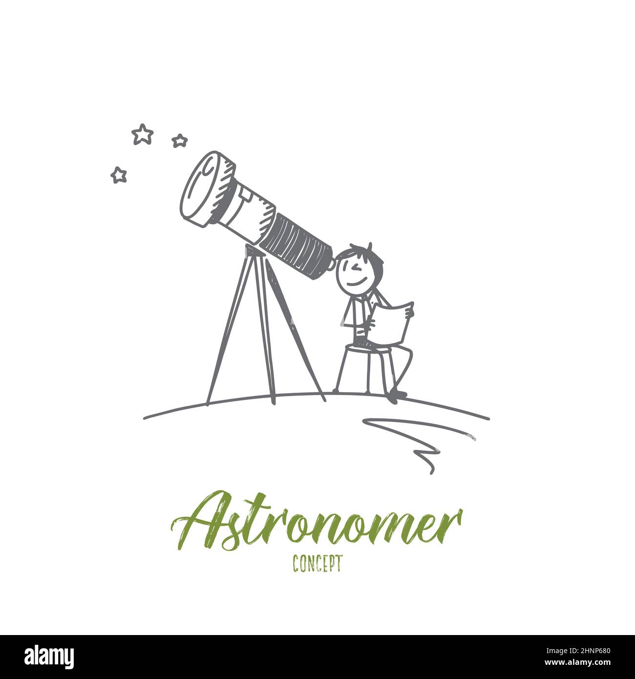 Astronomer concept. Hand drawn person with telescope watching the stars ...