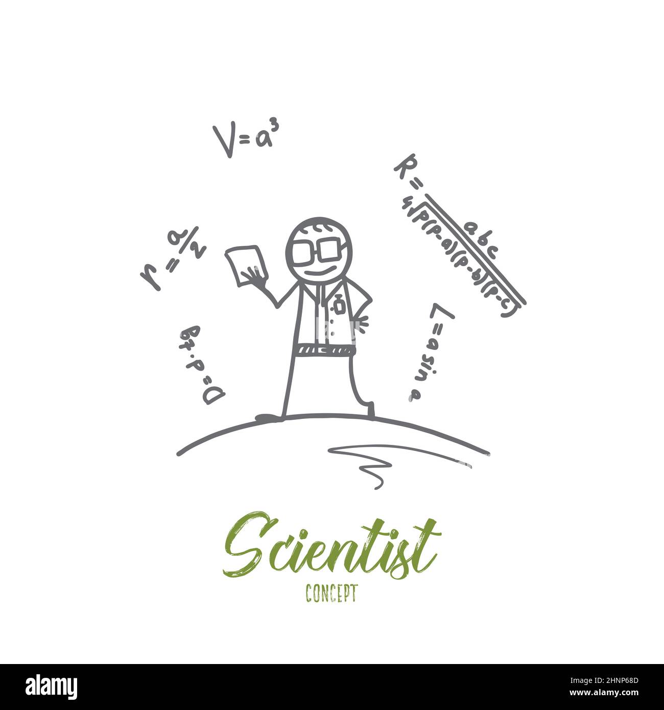 Scientist concept. Hand drawn smiling scientist leaning mathematical ...