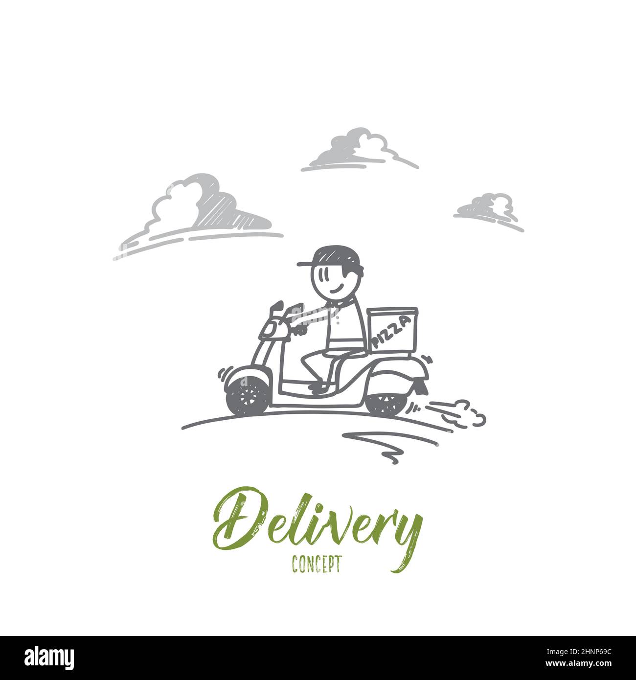 Delivery concept. Hand drawn a man on delivery car with pizza. Courier ...