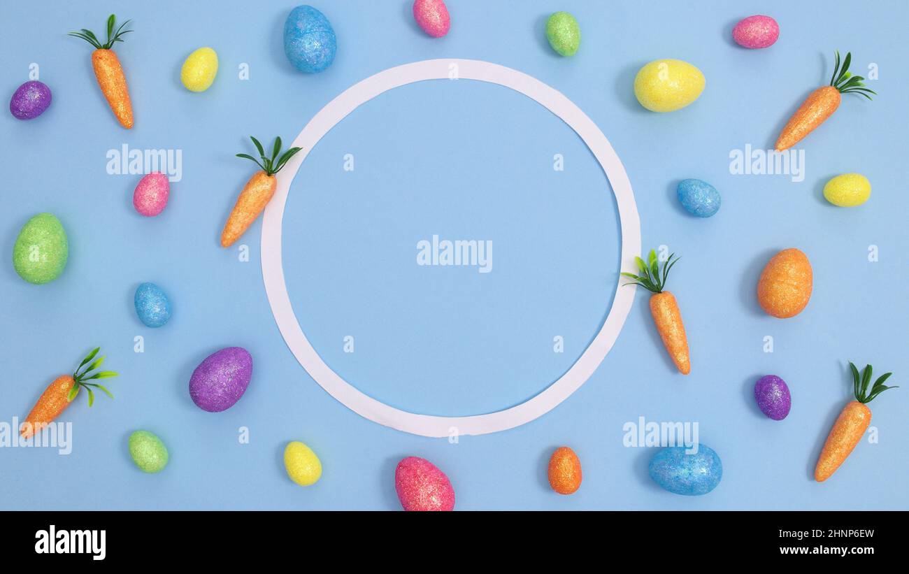 Easter background pattern with colorful eggs and circle frame on pastel ...