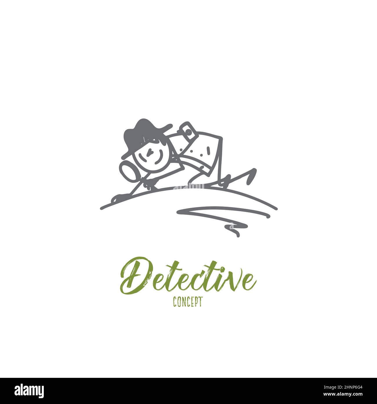 Detective concept. Hand drawn detective with magnifier lens doing ...