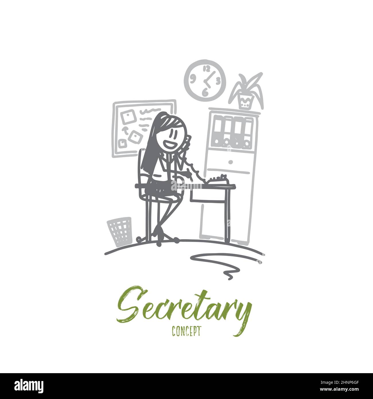 Secretary concept. Hand drawn female clerk at her workplace. Secretary ...