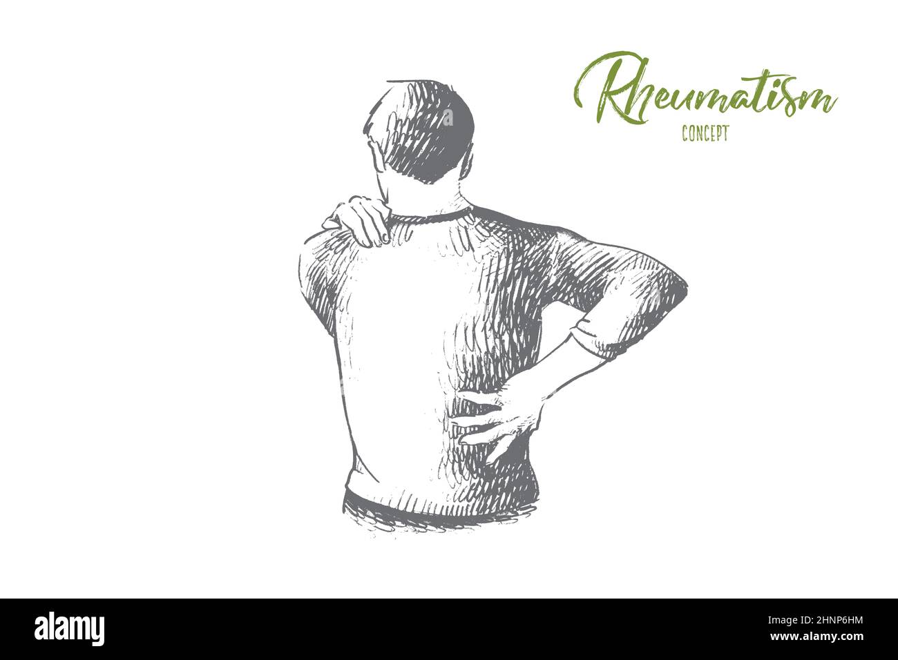 Rheumatism concept. Hand drawn man suffering from back and neck pain ...
