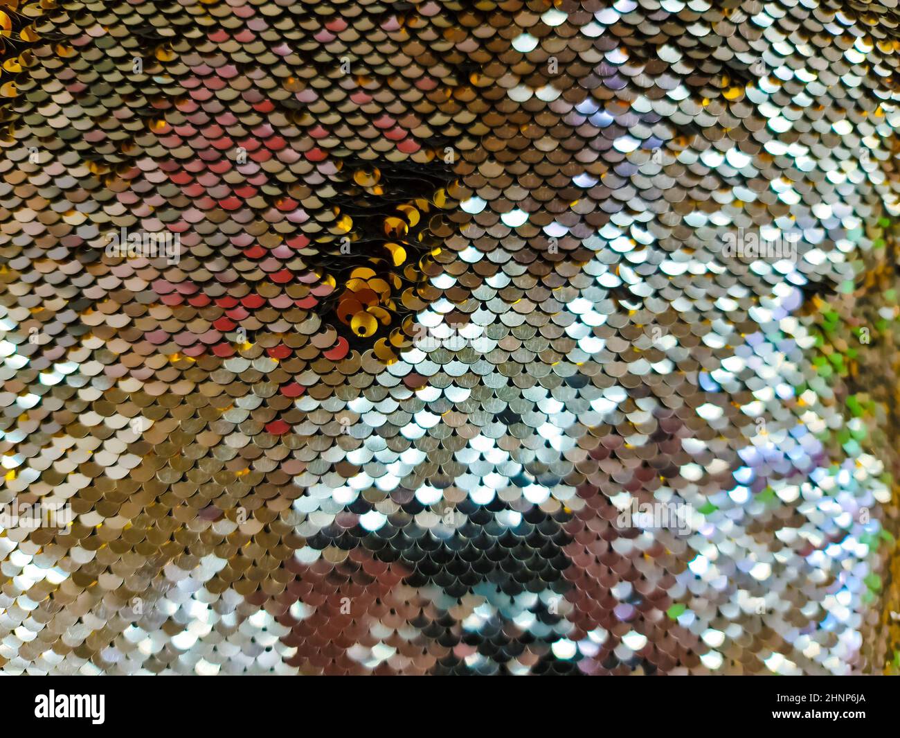 Close up view on samples of sequin fabric in golden colors Stock Photo ...