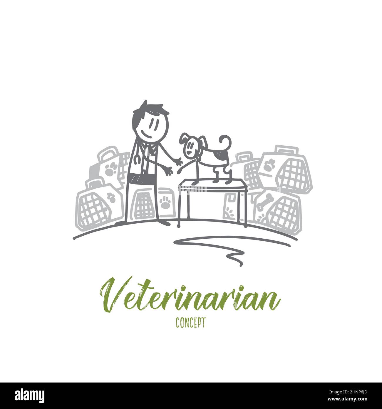 Veterinarian concept. Hand drawn veterinarian in uniform heals a dog in ...