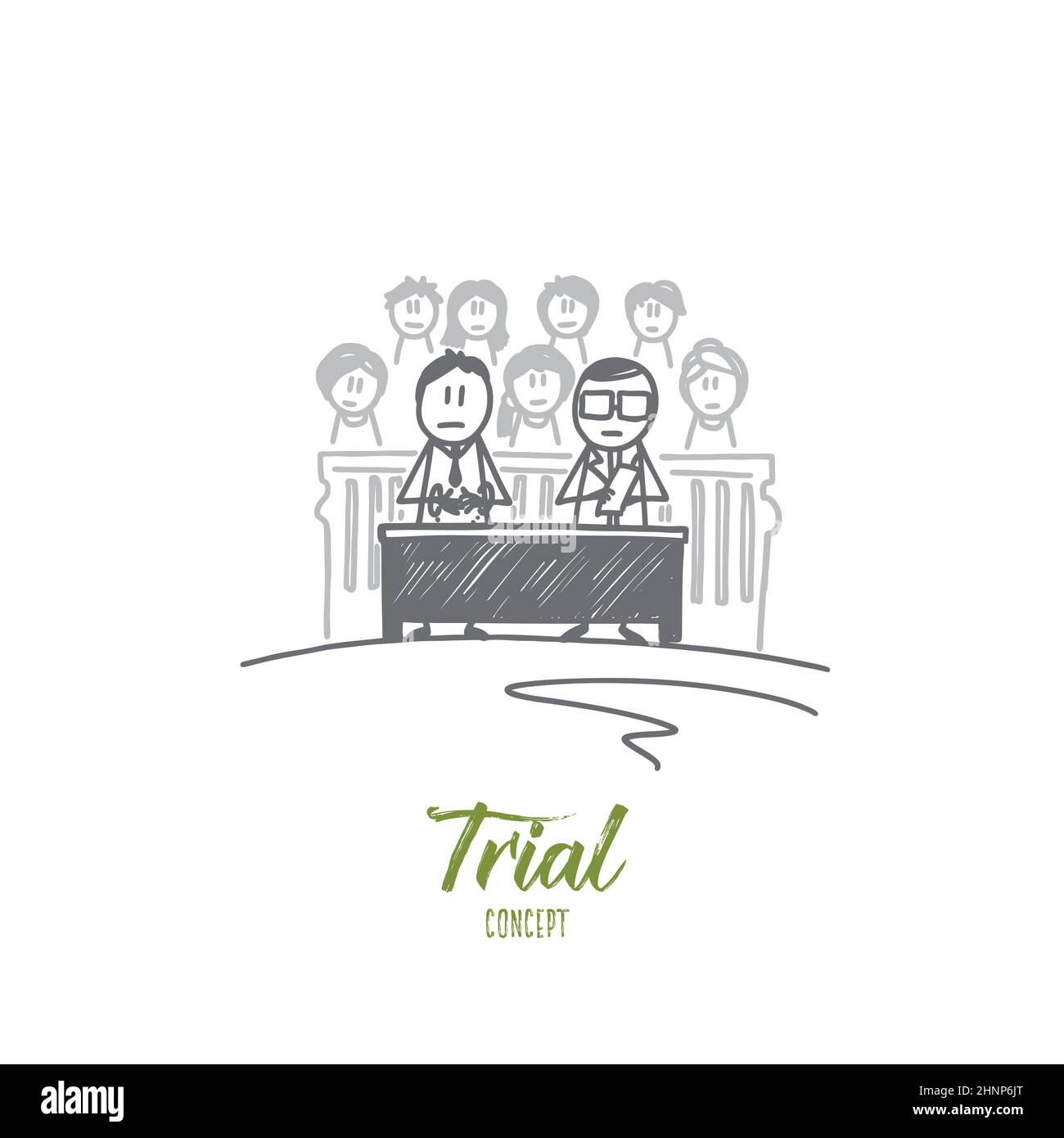 Trial concept. Hand drawn courtroom with people inside. Trial and judge ...