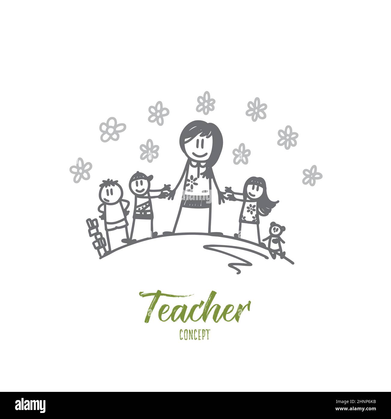 Teacher concept. Hand drawn portrait of teacher with pupils. Group of ...