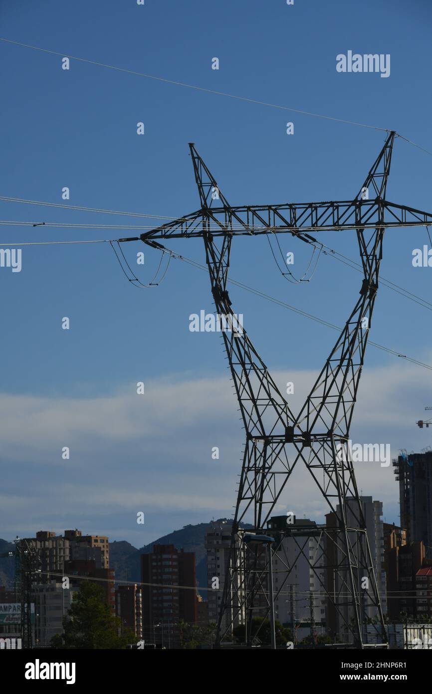 High voltage pylon with overhead lines in Spain Stock Photo - Alamy