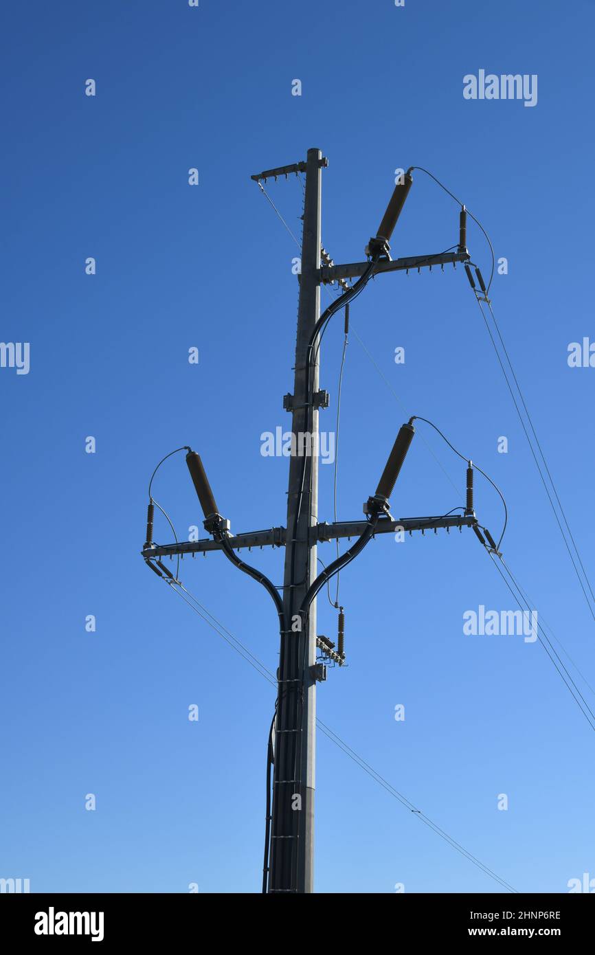 High voltage pylon with overhead lines in Spain Stock Photo - Alamy