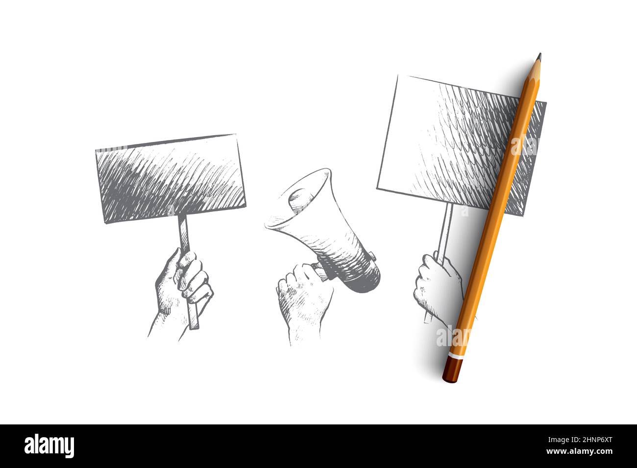 Strike concept. Hand drawn hands with megaphone and posters. Hands of ...