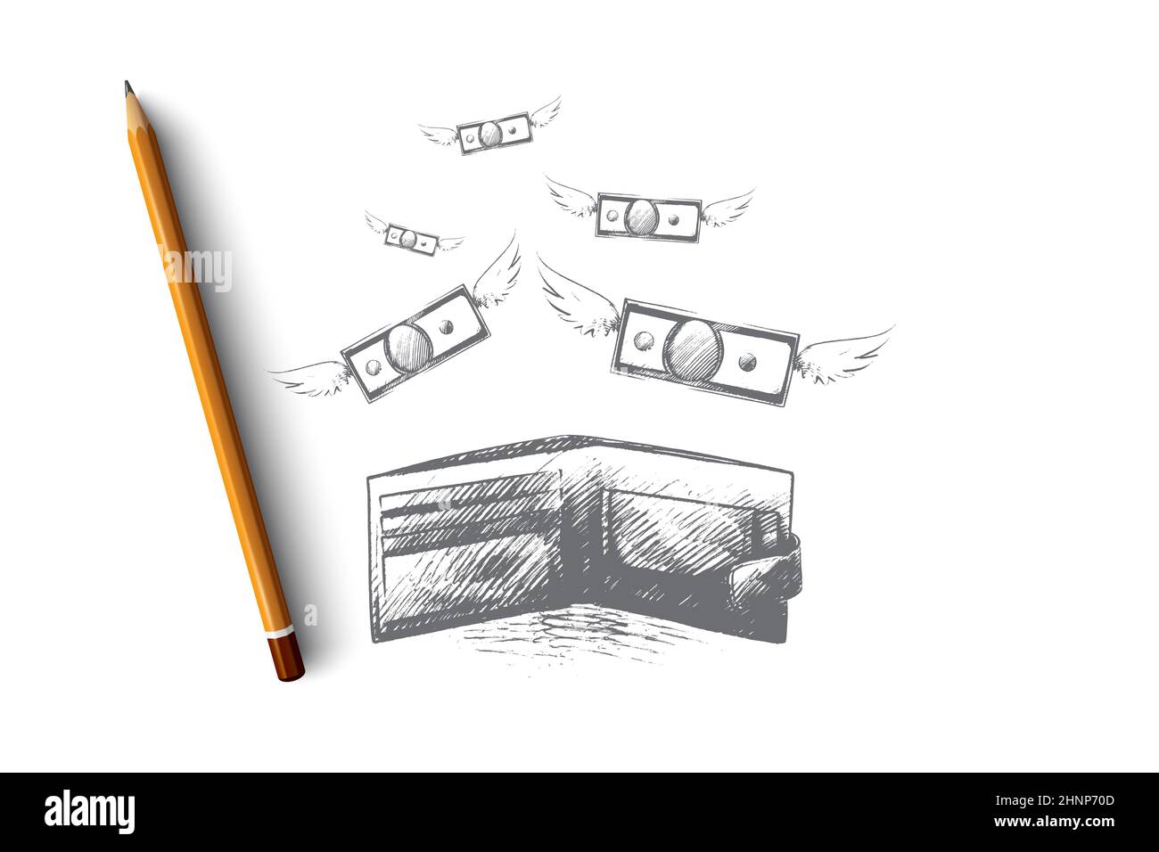 Spend money concept. Hand drawn money fly out of the bag. Wallet with ...