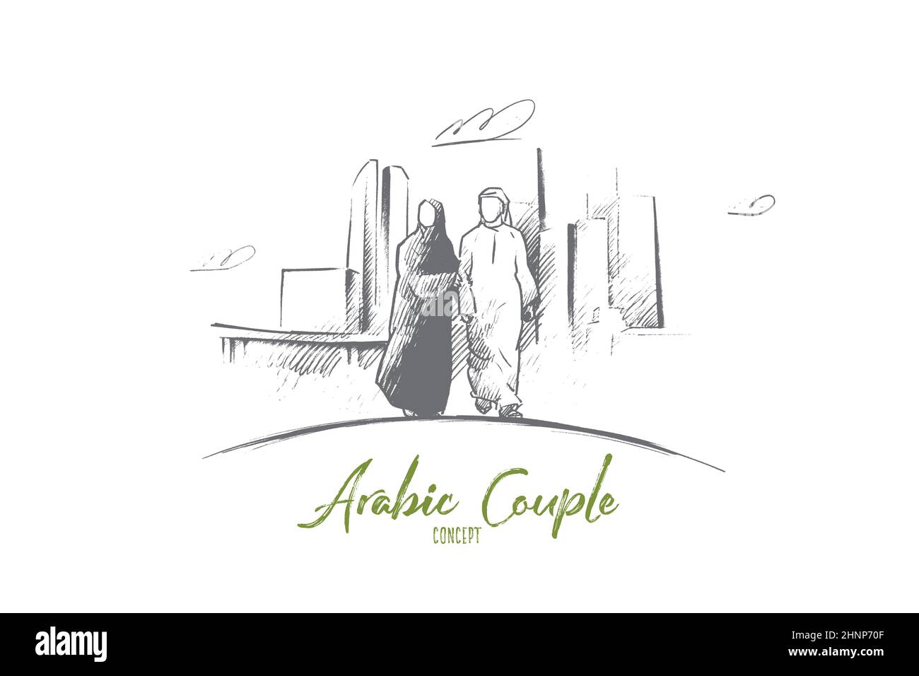 Arabic couple concept. Hand drawn arabic man and woman in modern city ...