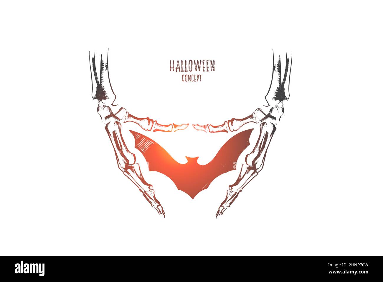 Halloween concept. Hand drawn silhouette of bat and arms of skeleton ...